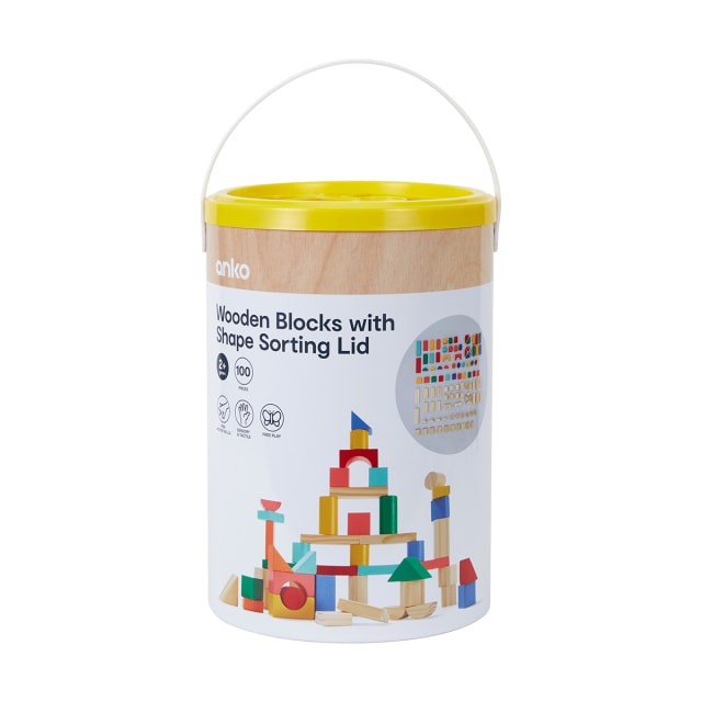 Wooden Blocks with Shape Sorting Lid - Kmart