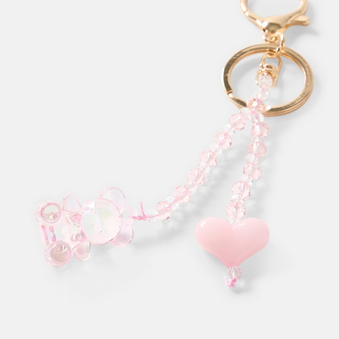 Mini Heart Bear Charm Keyring - Pink and Gold Tone - Kmart