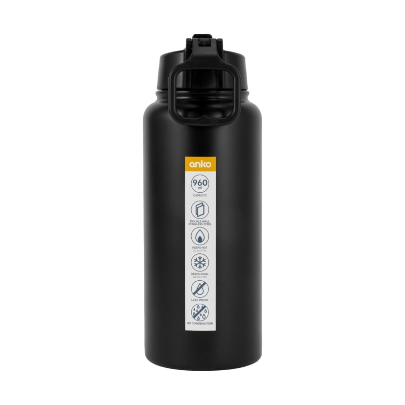 960ml Black Double Wall Insulated Cylinder Drink Bottle - Kmart
