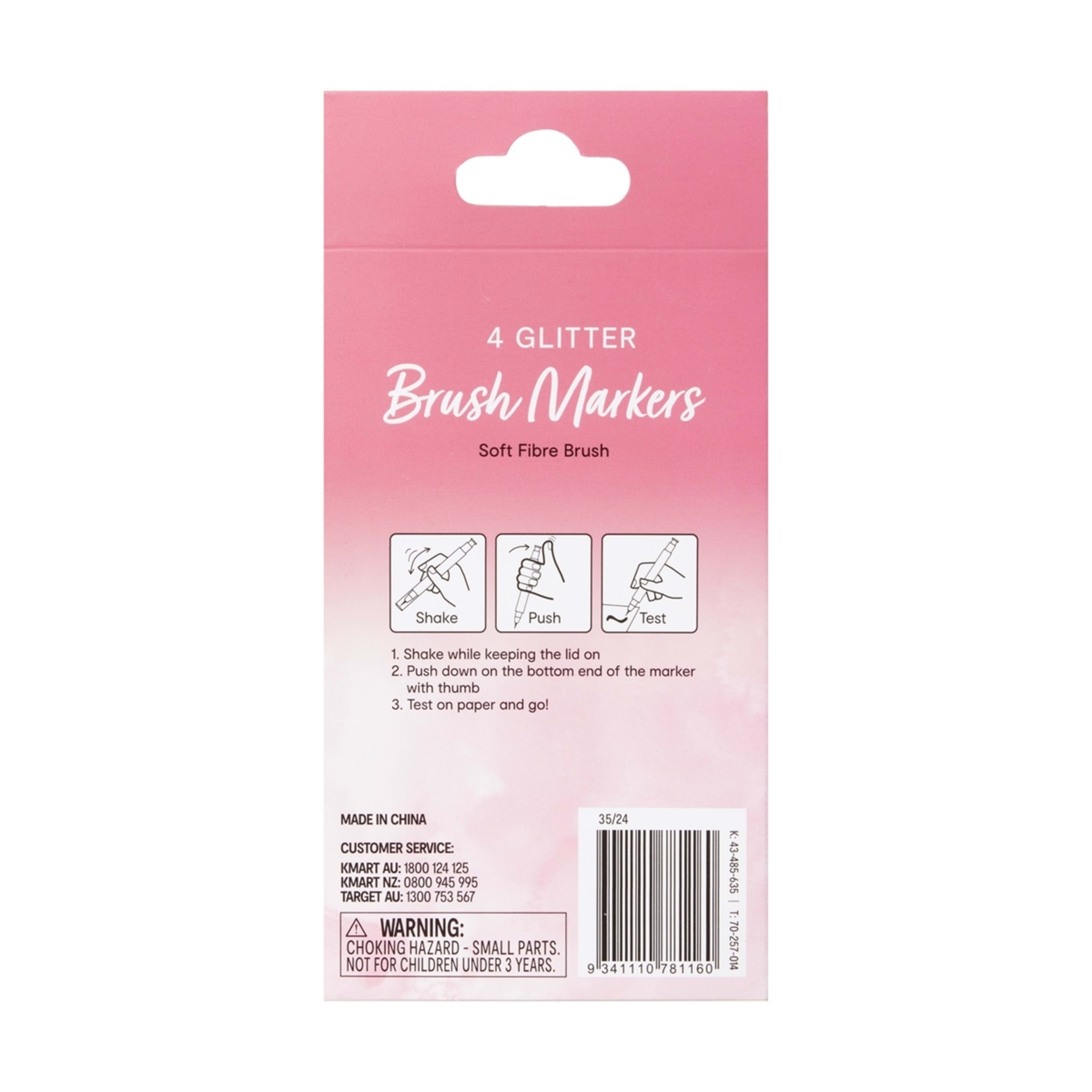 4 Pack Glitter Brush Markers - Pink - Kmart