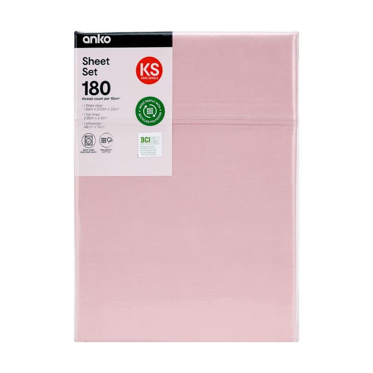 180 Thread Count Sheet Set - King Single Bed, Pink - Kmart