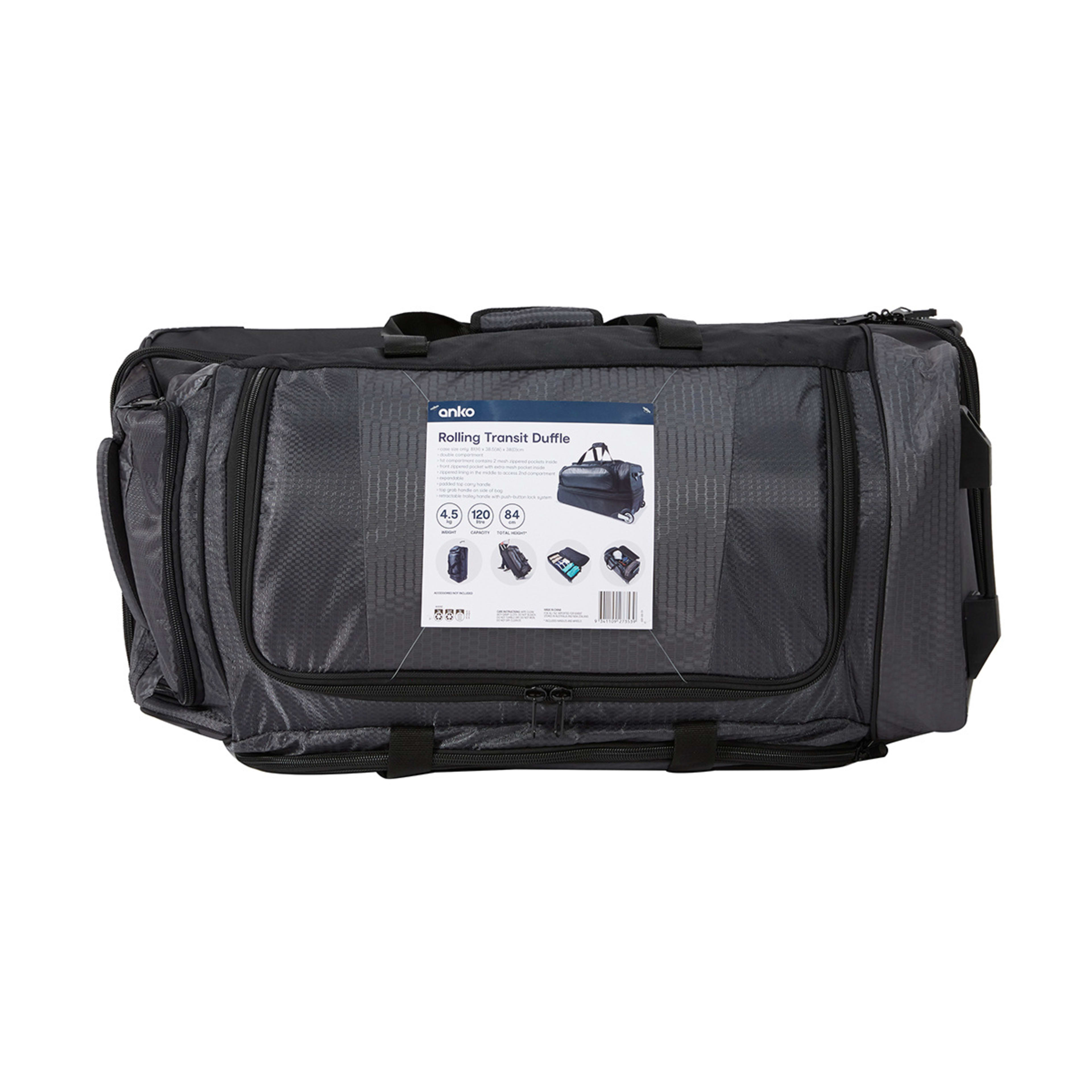 120L Rolling Transit Duffle Bag - Black - Kmart