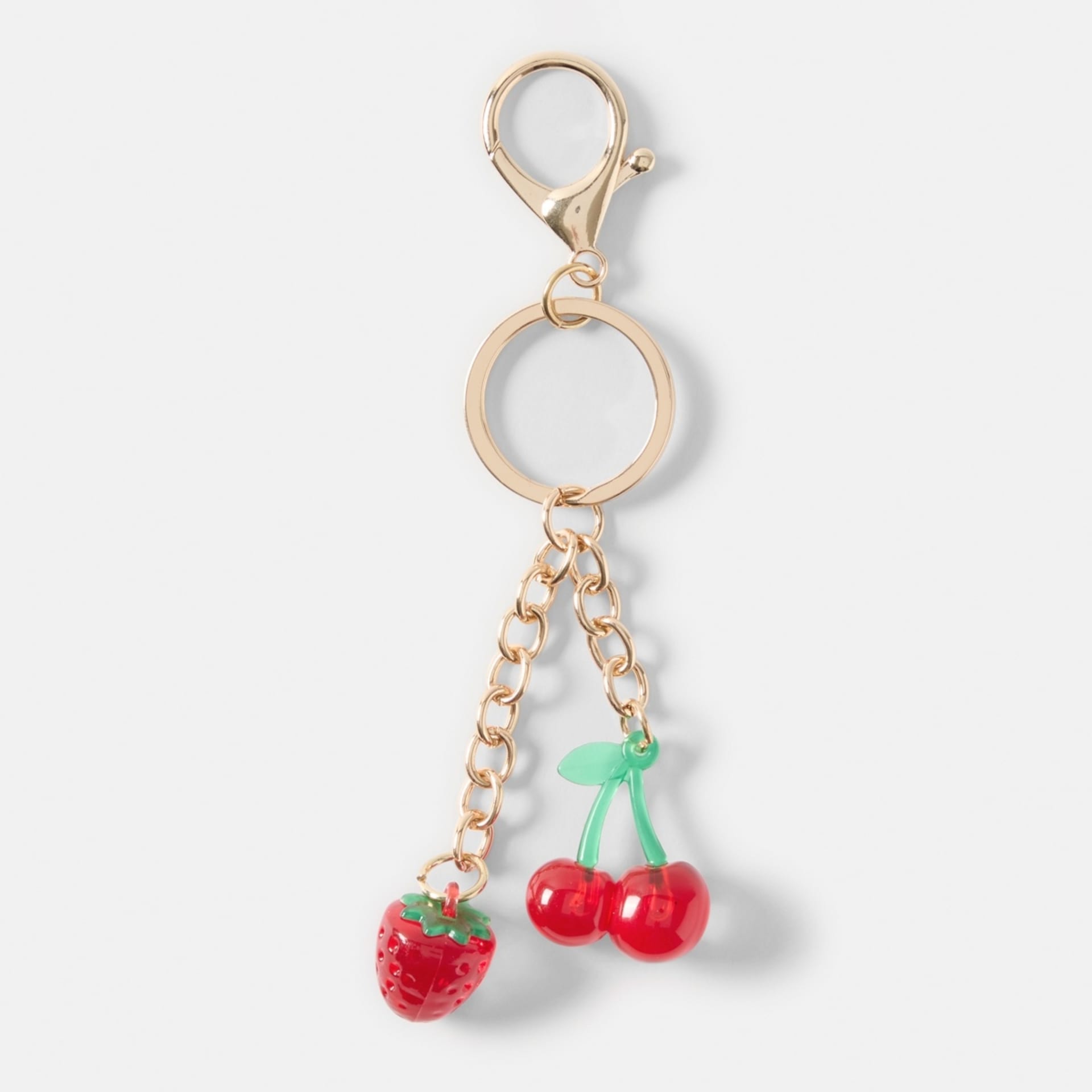 3D Cherry Strawberry Charms Keyring - Red, Green and Gold Tone - Kmart