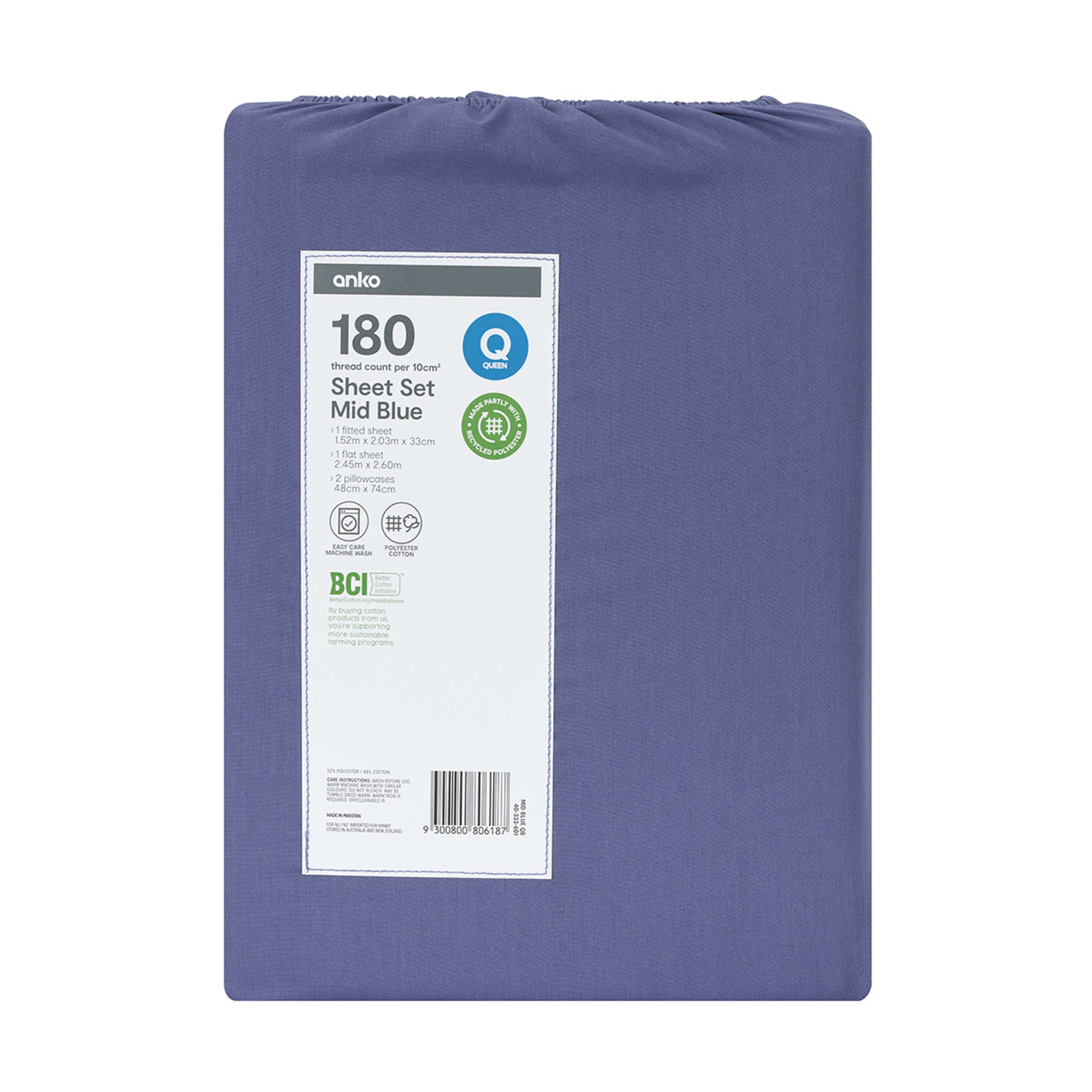 180 Thread Count Sheet Set - Queen Bed, Mid Blue - Kmart