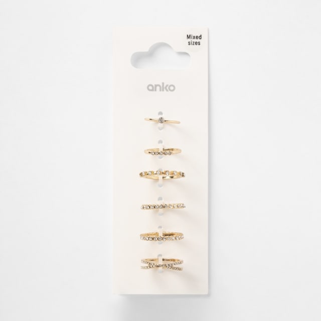 6 Pack Diamante Stack Rings - Gold Tone - Kmart