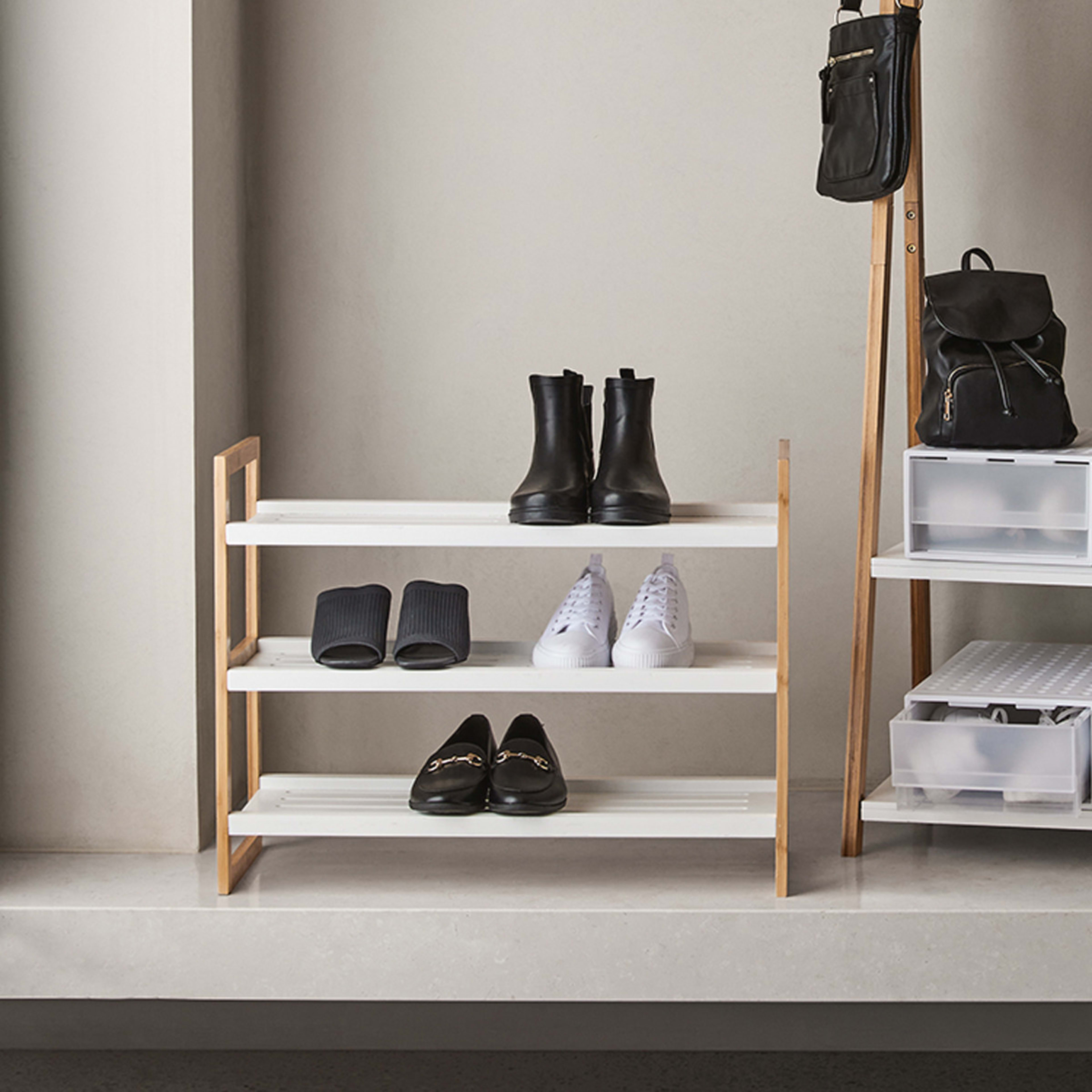 3 Tier Stackable Bamboo Shoe Rack with White Shelves - Kmart