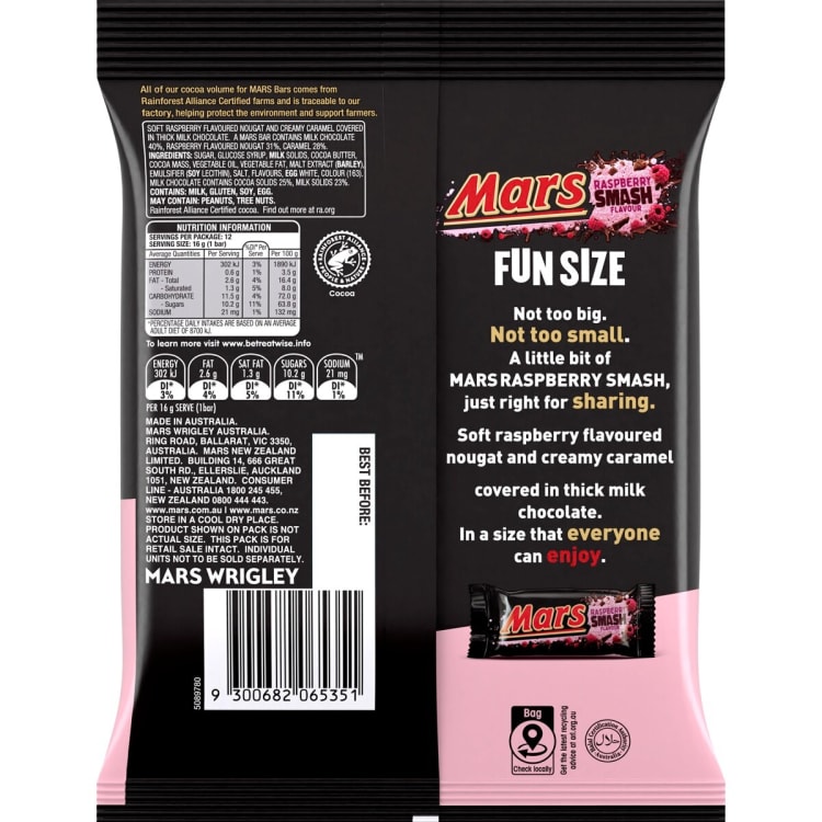 Mars 12 Piece Raspberry Smash Flavour Fun Size Medium Sharepack 192g ...