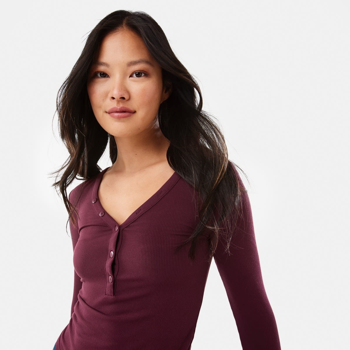 Long Sleeve Rib Henley Top - Kmart