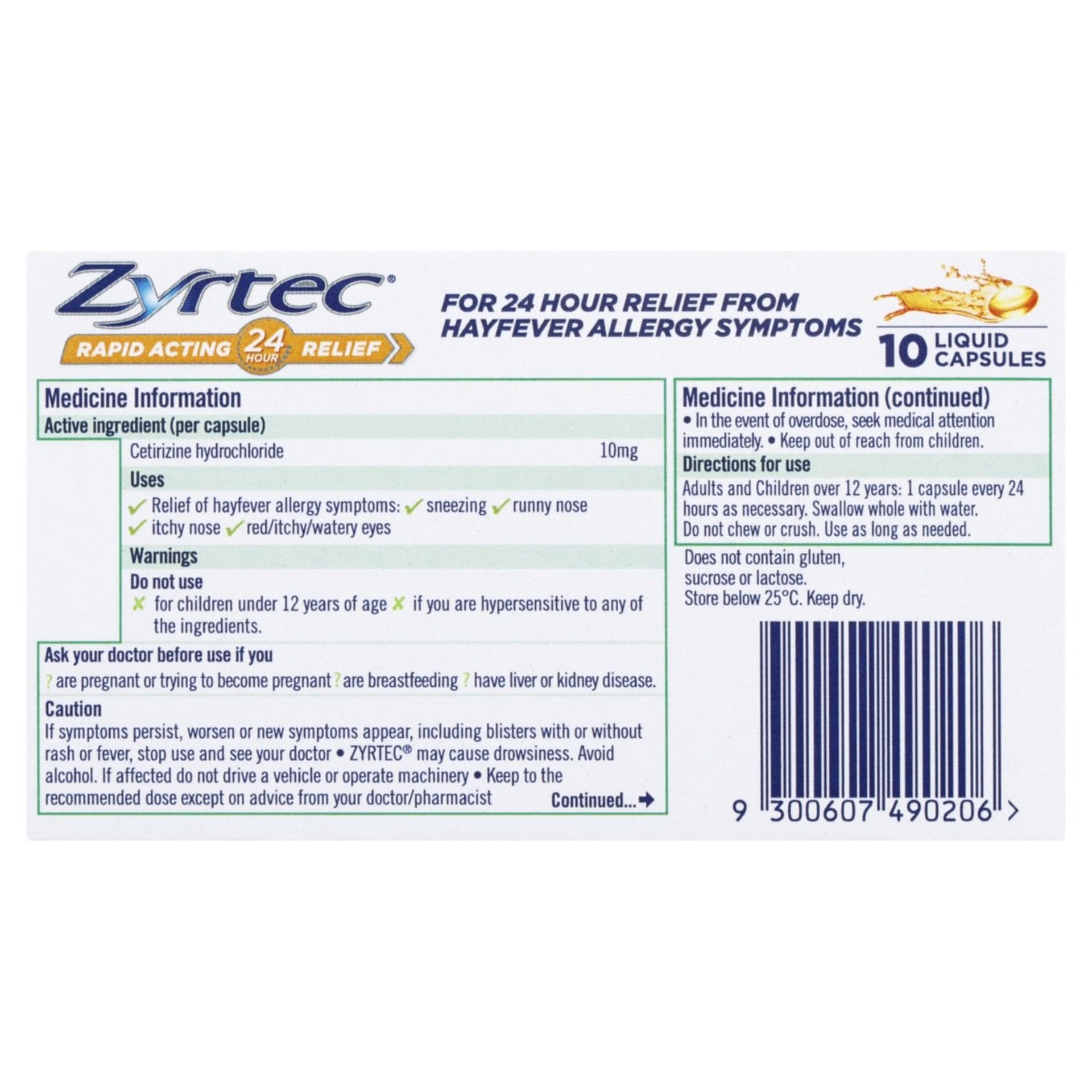 10 Pack Zyrtec Rapid Acting Hayfever Allergy Relief Antihistamine ...