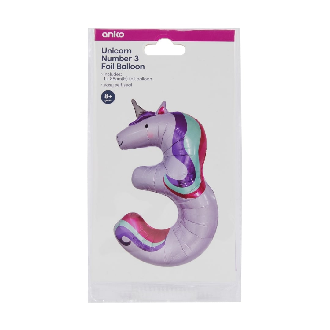Unicorn Number 3 Foil Balloon - Kmart