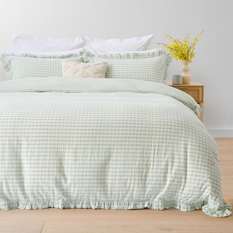 Gingham Ruffle Cotton Quilt Cover Set - King Bed, Sage - Kmart
