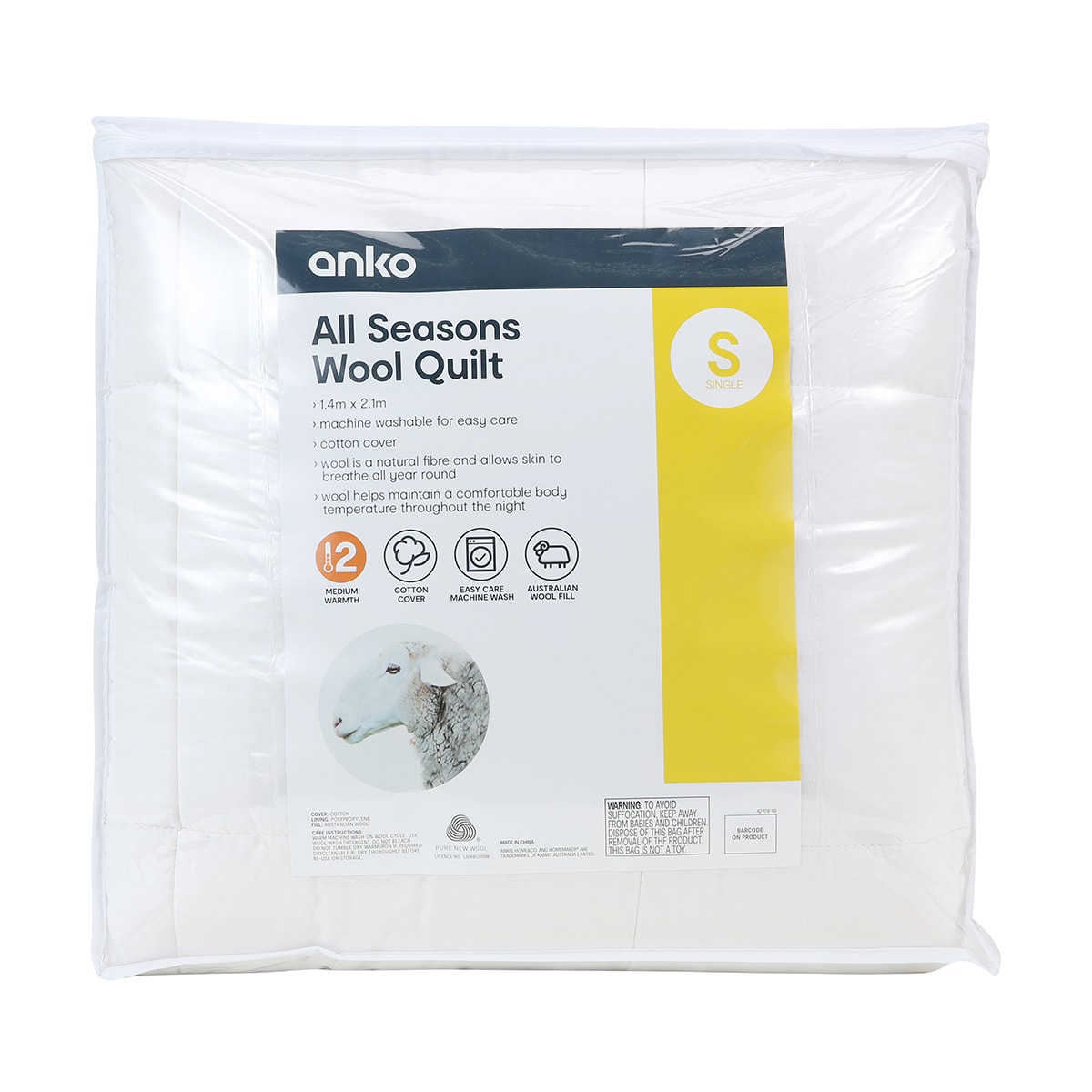 Medium Warmth All Seasons Wool Quilt - Single Bed, White - Kmart