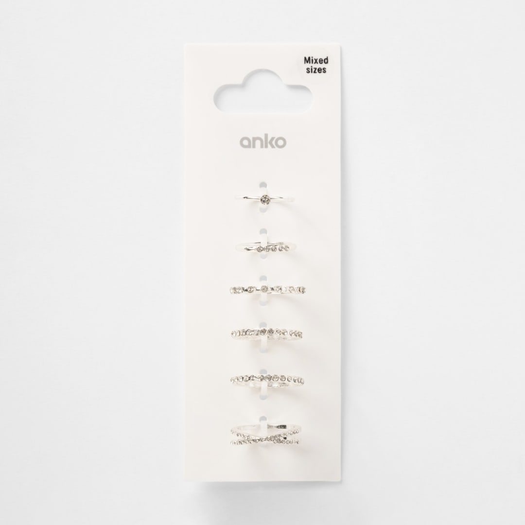 6 Pack Diamante Stack Rings - Silver Tone - Kmart