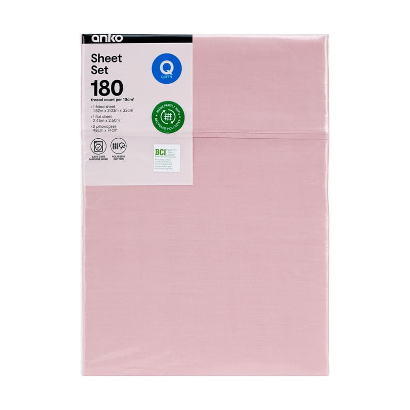 180 Thread Count Sheet Set - Queen Bed, Pink - Kmart