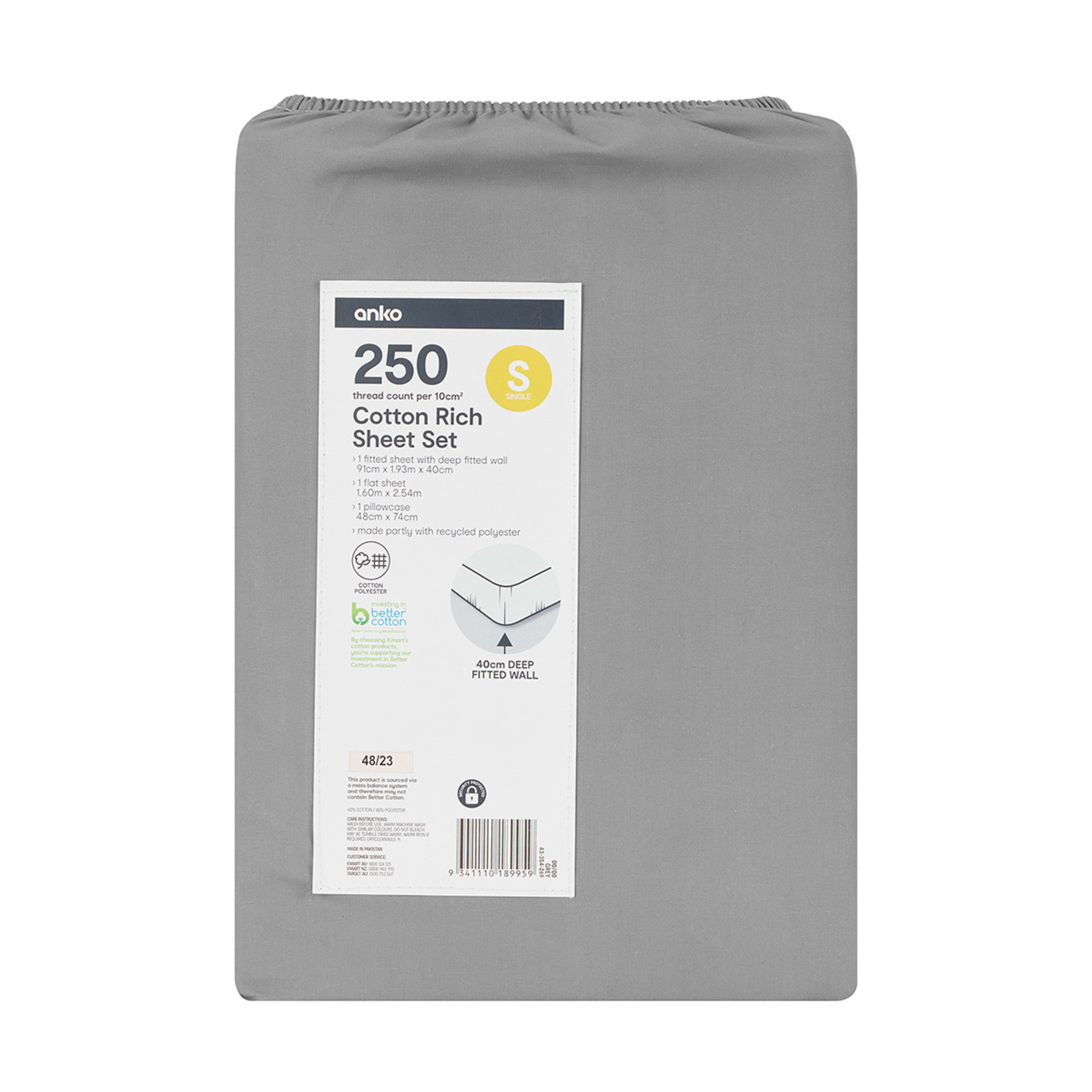 250 Thread Count Cotton Rich Sheet Set - Grey, Single Bed - Kmart