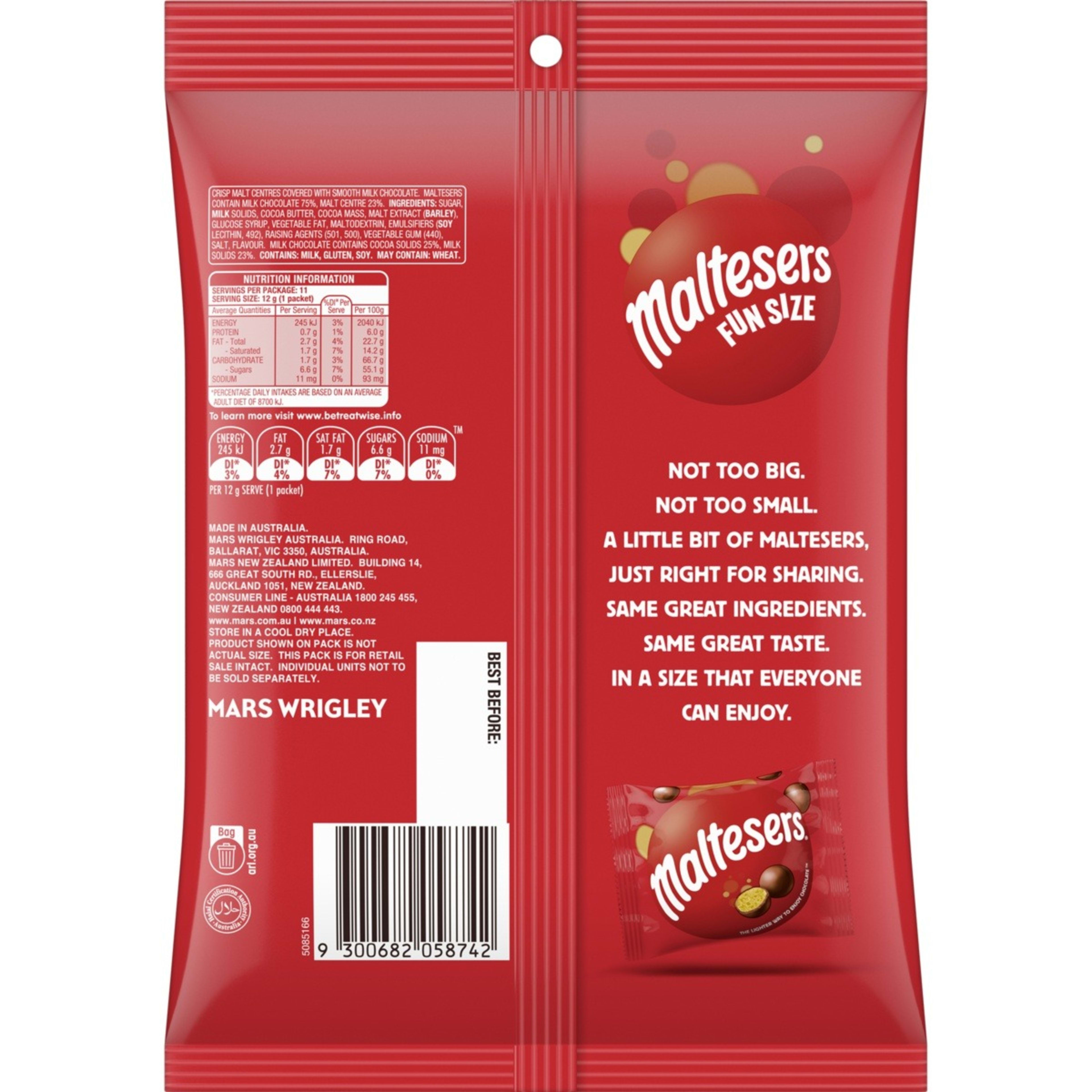 Maltesers 11 Piece Milk Chocolate Fun Size Share Pack 132g - Kmart