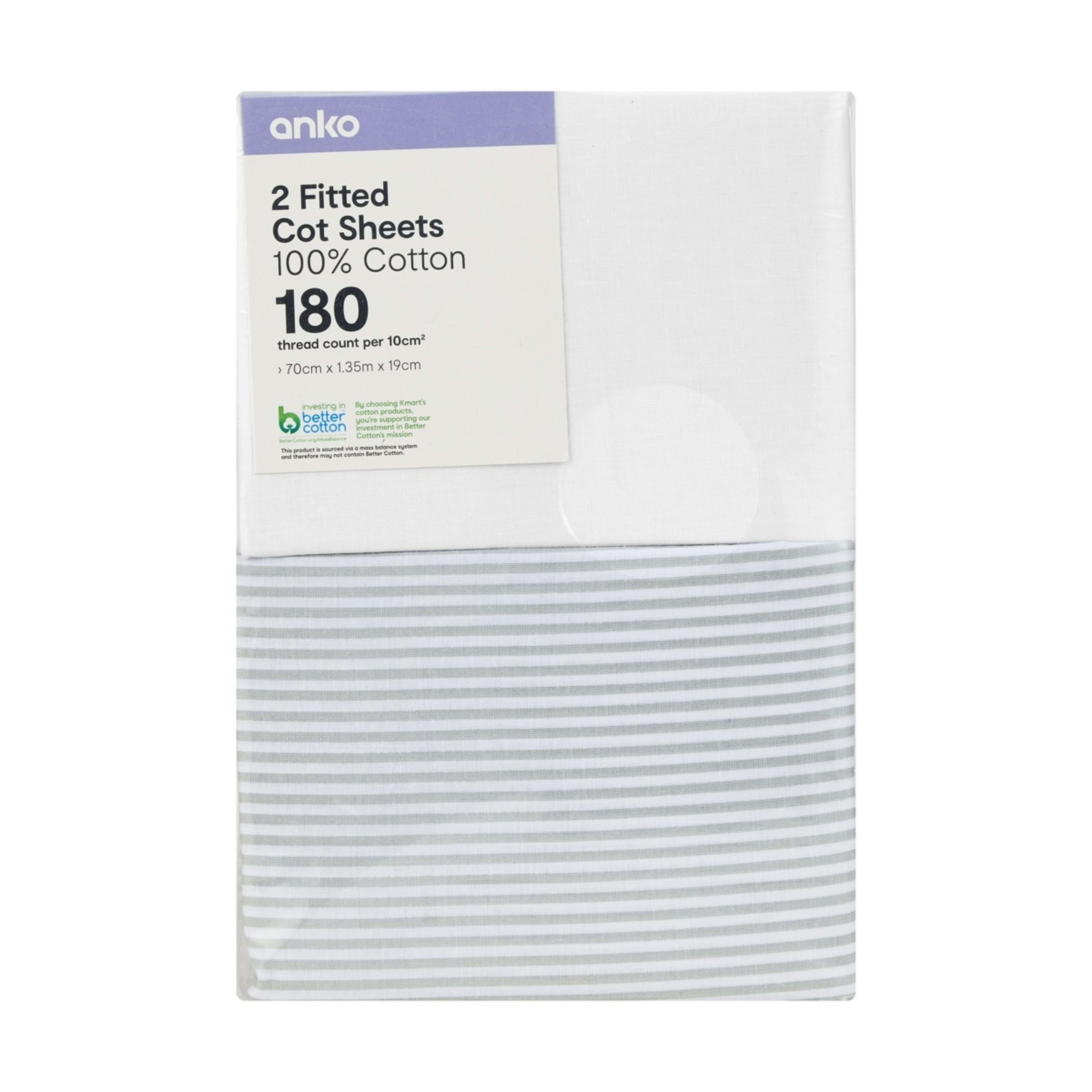 2 Pack Cotton Fitted Cot Sheets - White and Stripe - Kmart