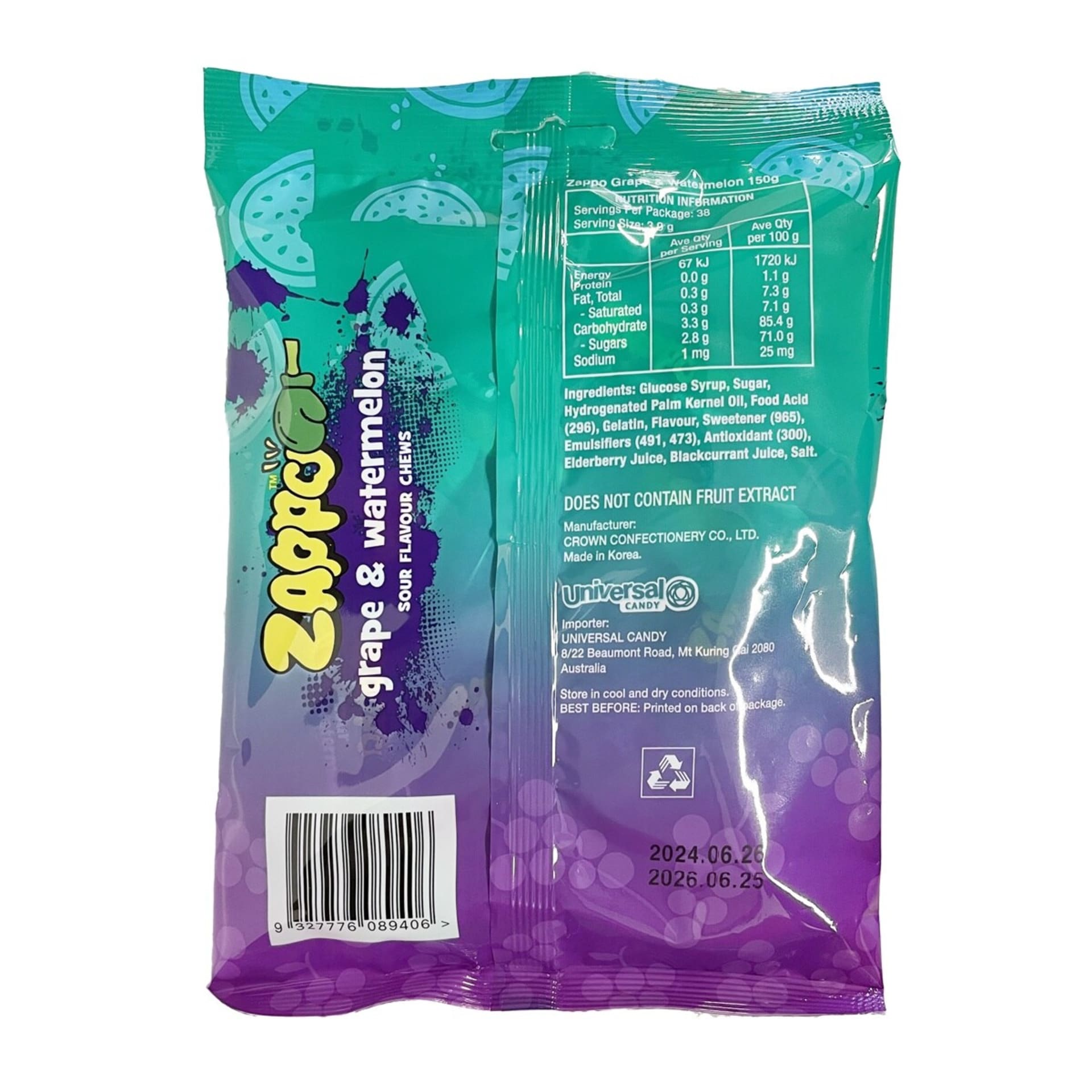 Zappo Grape & Watermelon Sour Flavour Chews 150g - Kmart