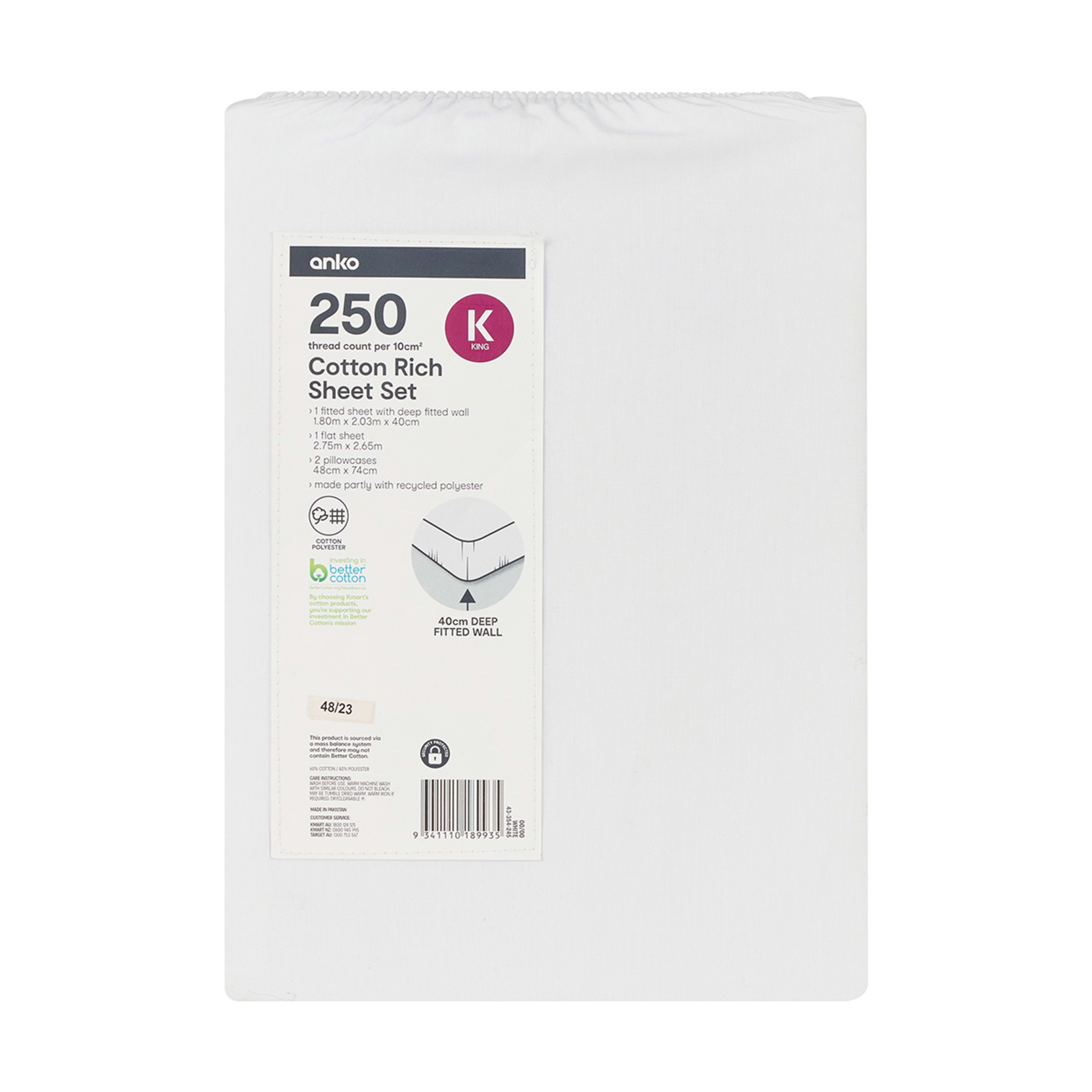 250 Thread Count Cotton Rich Sheet Set - King Bed, White - Kmart