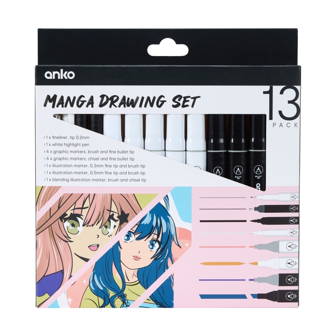 13 Pack Manga Drawing Set - Pink - Kmart