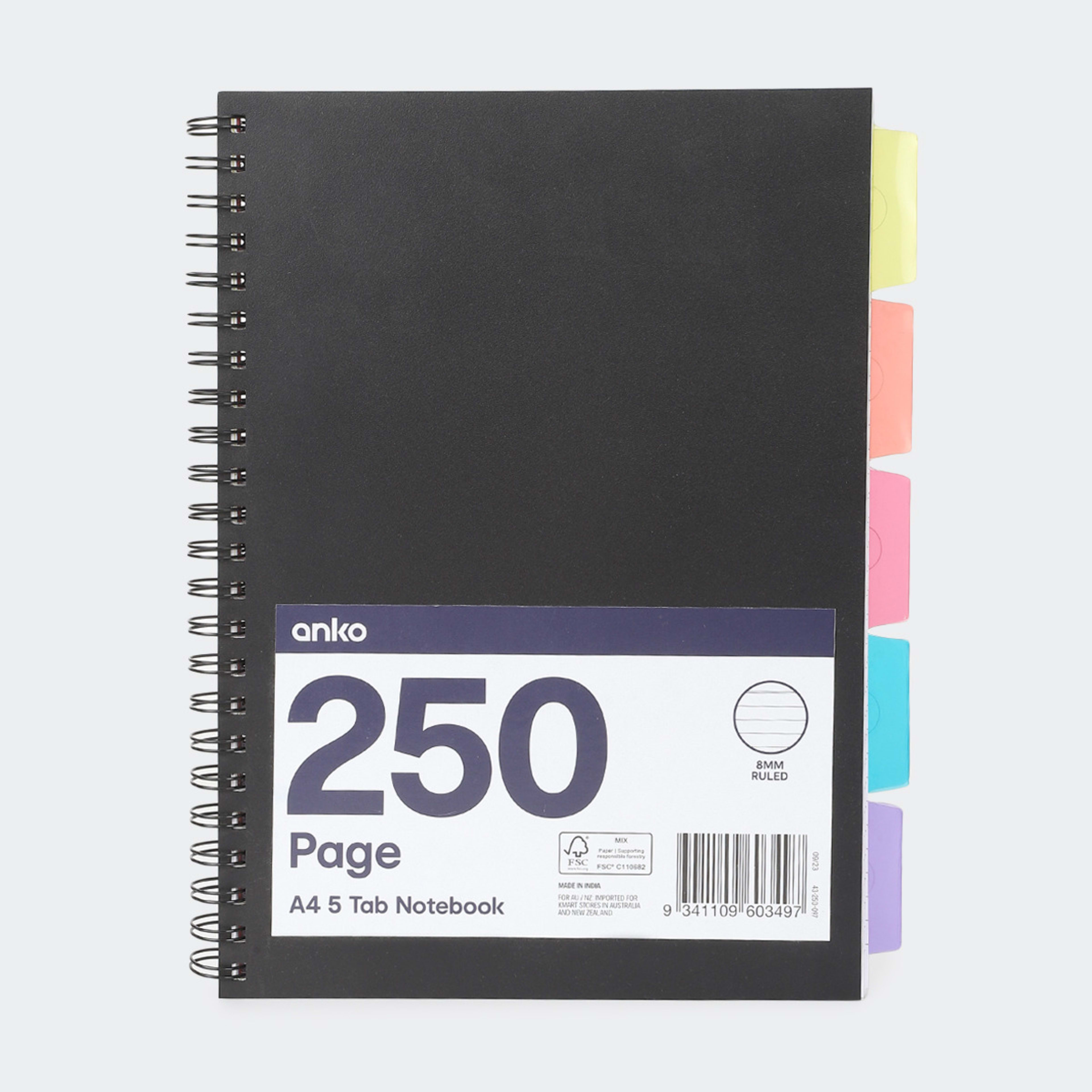 250 Page A4 5 Tab Notebook - Black - Kmart