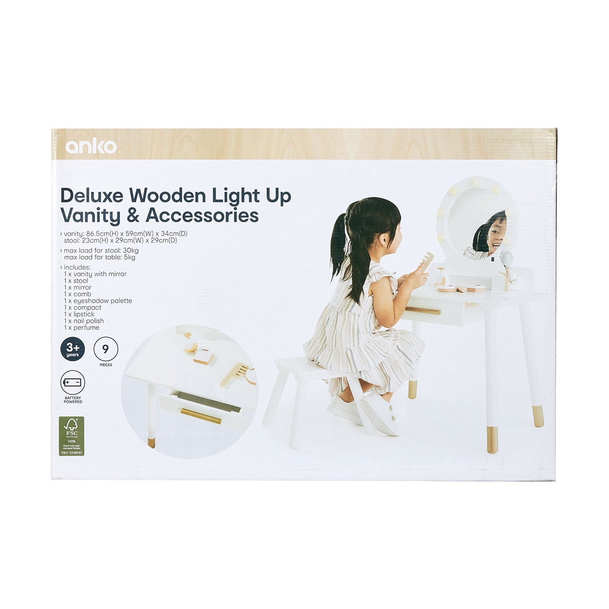9 Piece Deluxe Wooden Light Up Vanity and Accessories