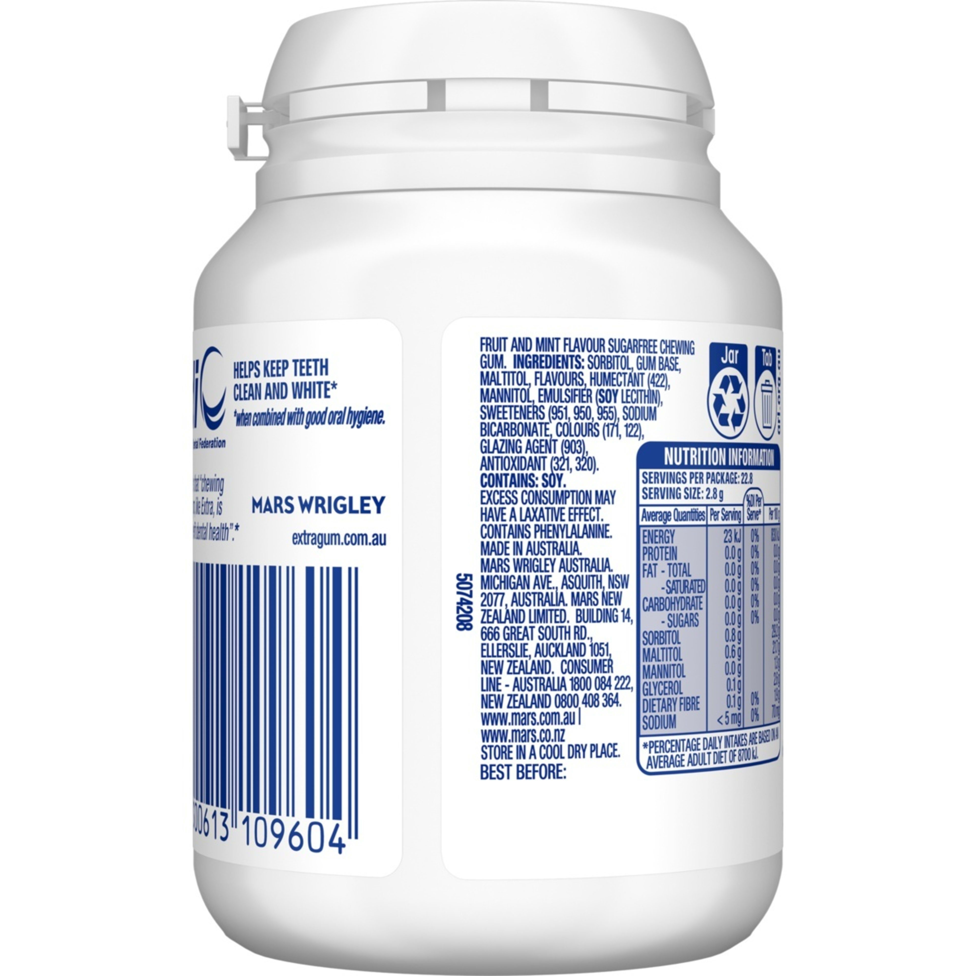 Wrigley's Extra White Bubblemint Sugar Free Chewing Gum Bottle 64g - Kmart