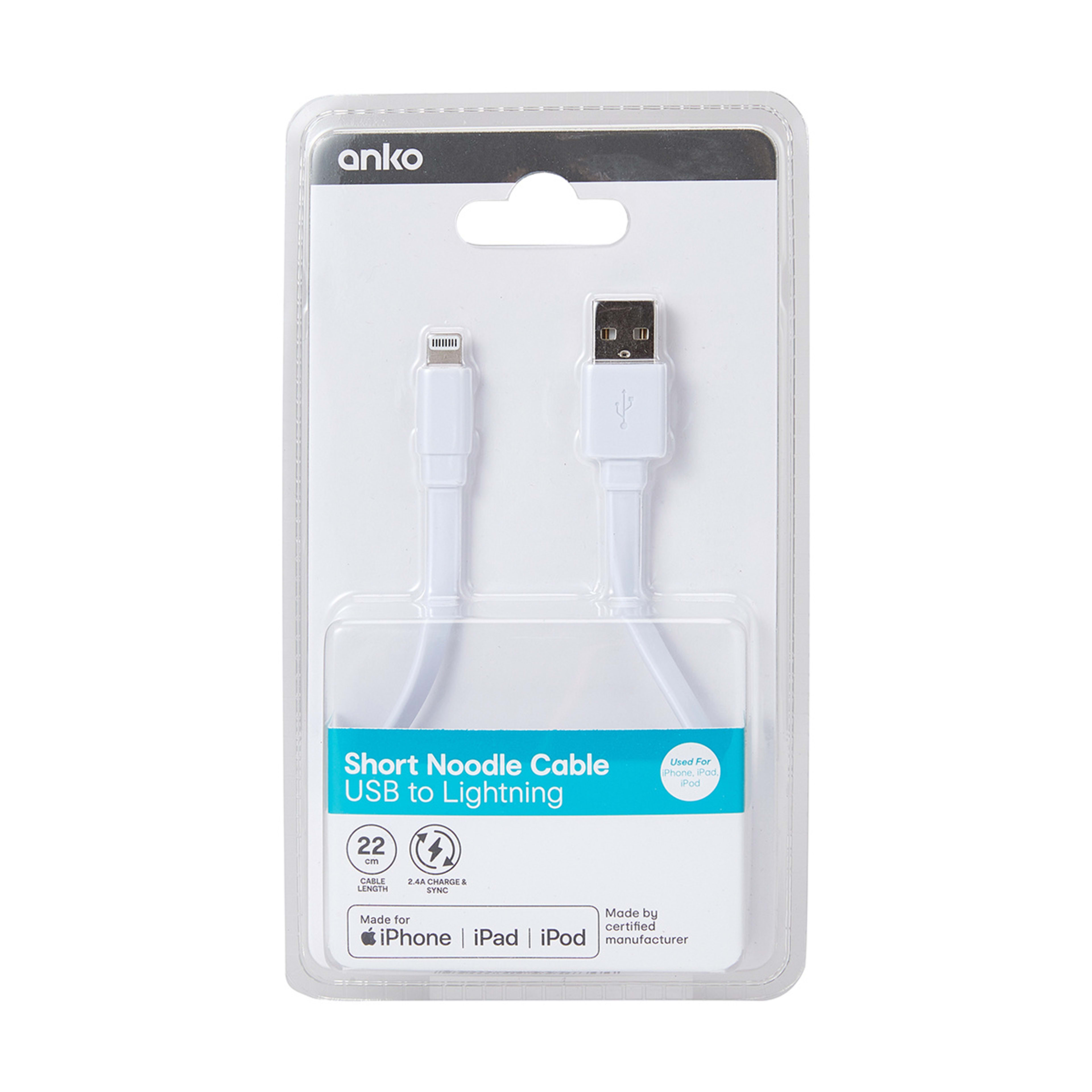 Short Noodle USB to Lightning Cable - 0.22m, White - Kmart