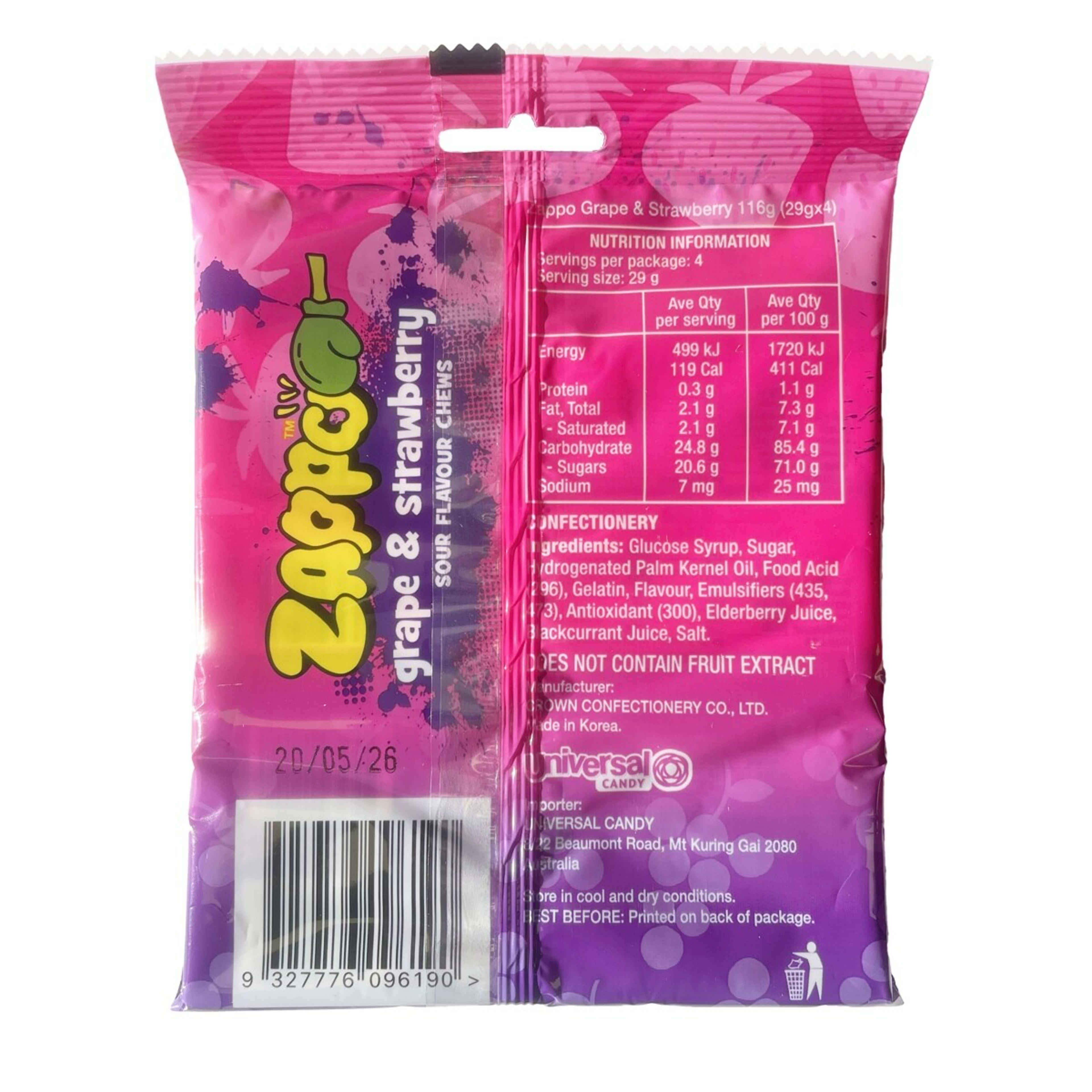 Zappo Grape & Strawberry Sour Flavour Chews 4 Pack 116g - Kmart