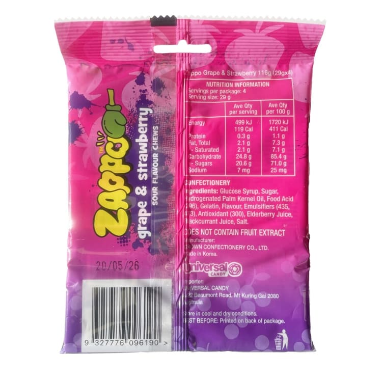Zappo Grape & Strawberry Sour Flavour Chews 4 Pack 116g - Kmart