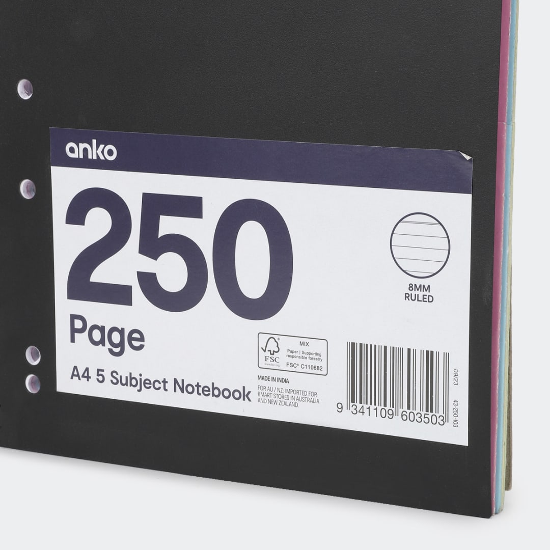 250 Page A4 5 Subject Notebook - Black - Kmart