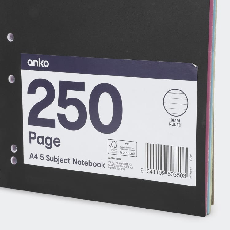 250 Page A4 5 Subject Notebook - Black - Kmart