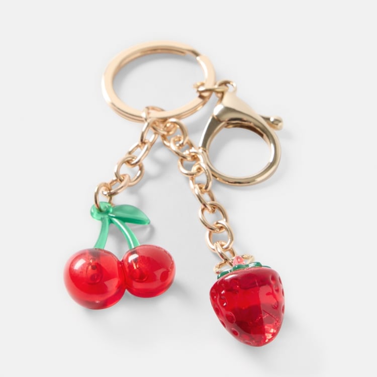 3D Cherry Strawberry Charms Keyring - Red, Green and Gold Tone - Kmart