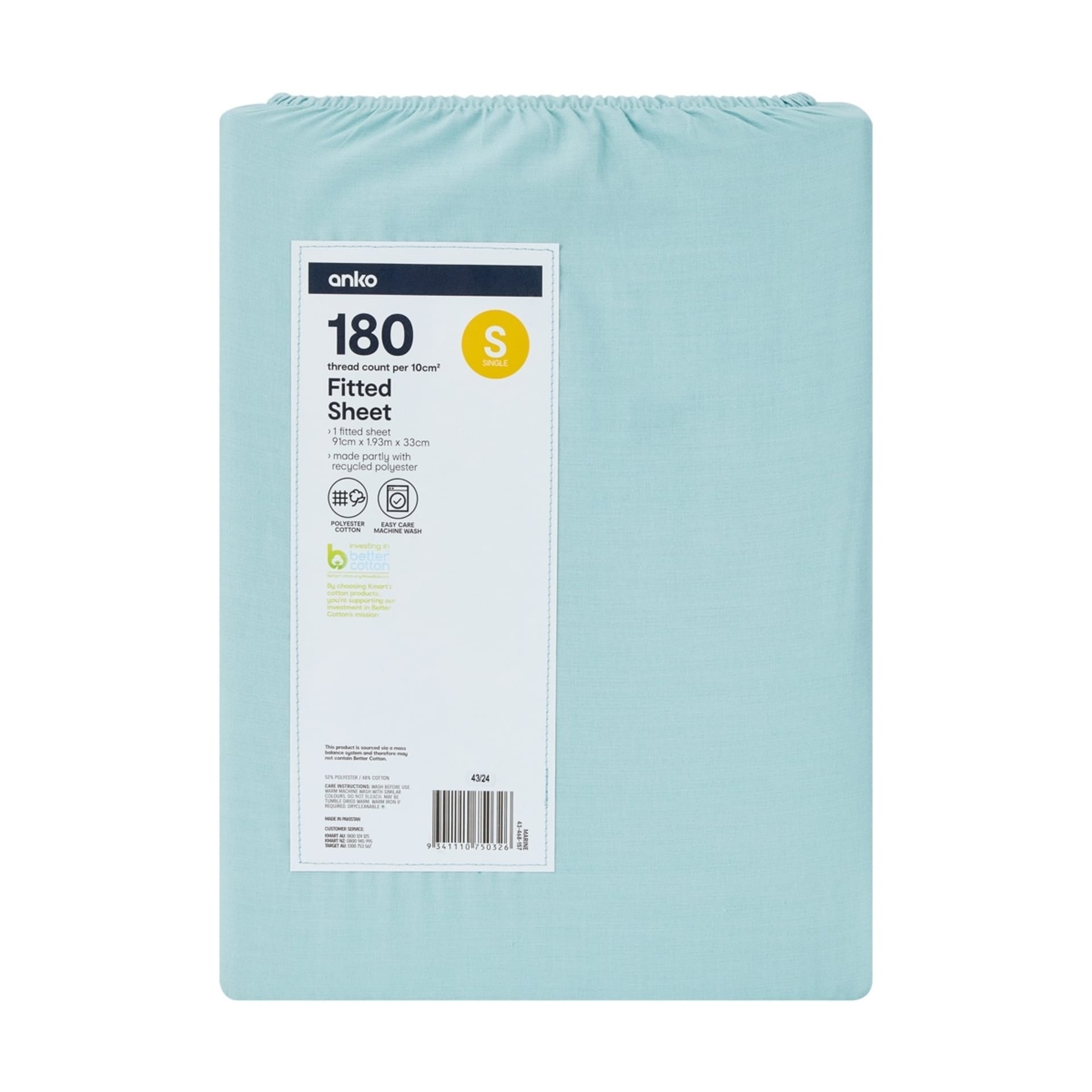 180 Thread Count Fitted Sheet - Single Bed, Marine - Kmart