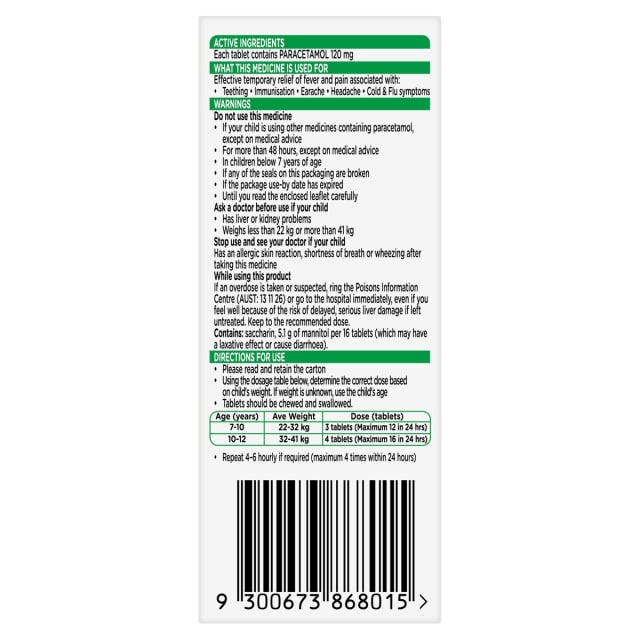 12 Pack Panadol Children Chewable Paracetamol 120mg - Cherry Flavour ...