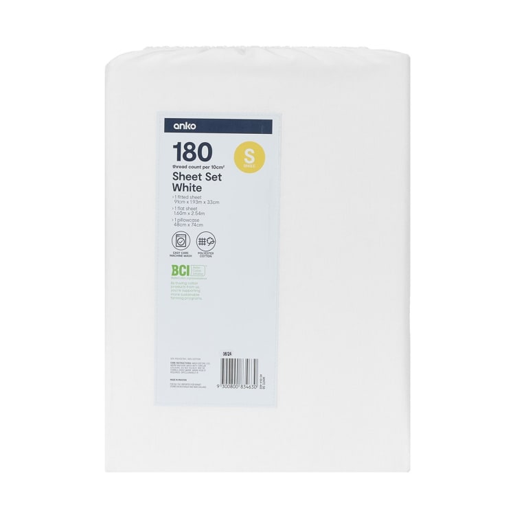 180 Thread Count Sheet Set - Single Bed, White - Kmart