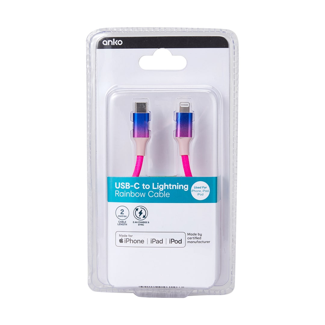 USB-C to Lightning Rainbow Cable - 2m - Kmart