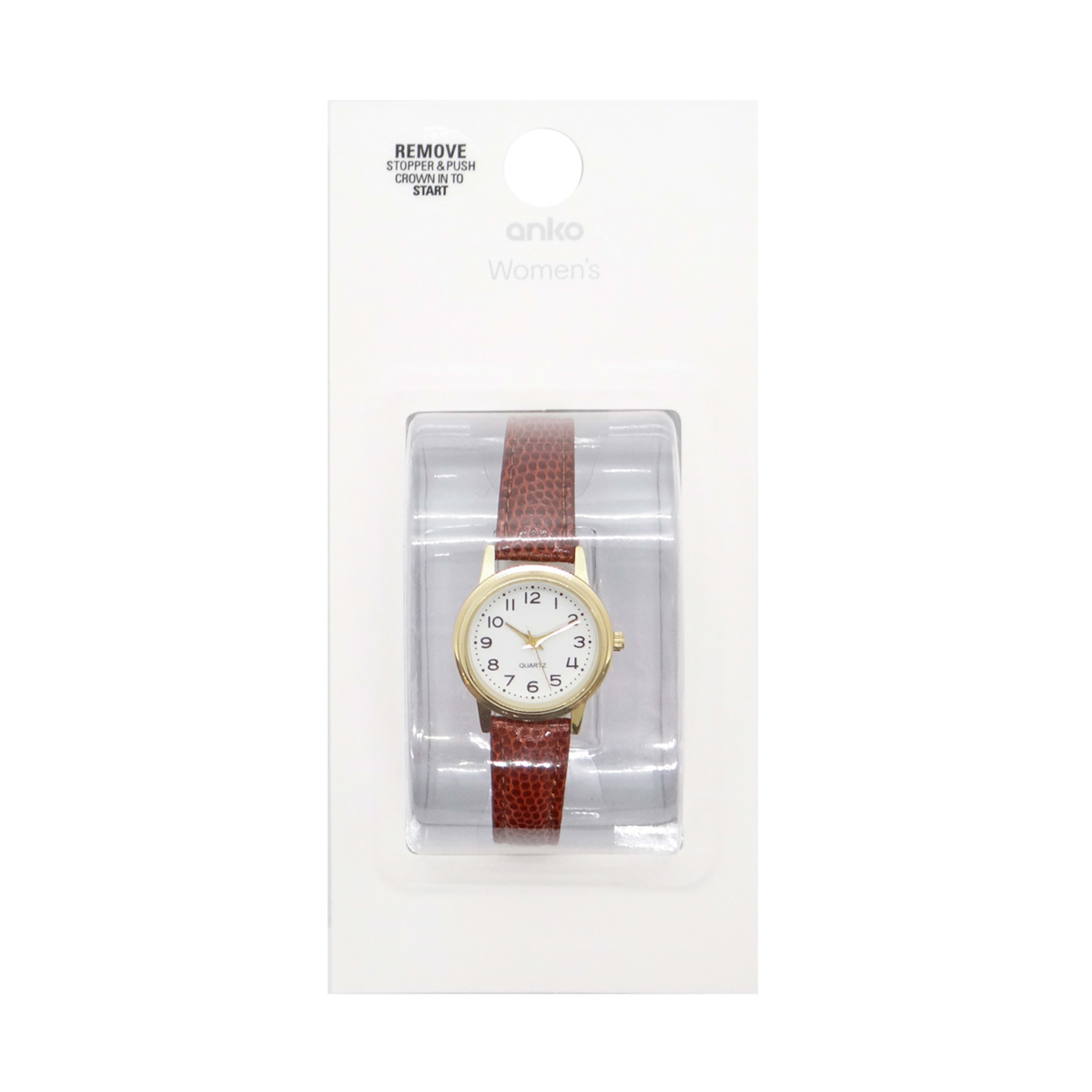 Womens Classic Analogue Watch with Gold Case & Tan Strap - Kmart