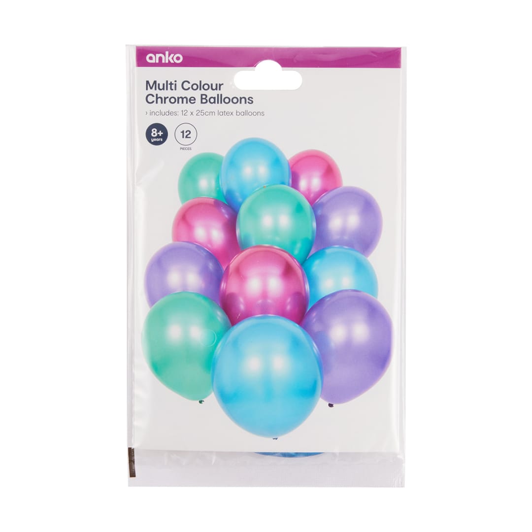 12 Pack Multi Coloured Chrome Balloons - Kmart