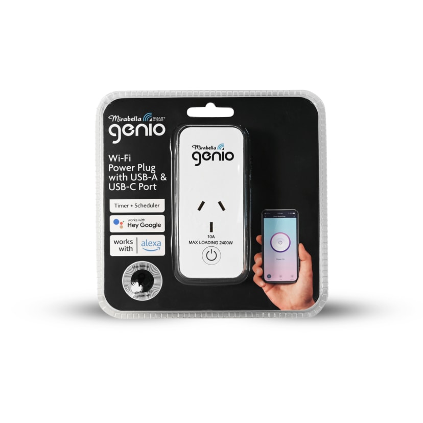 Mirabella Genio Wi-Fi Power Plug with USB-A & USB-C Port includes Timer ...