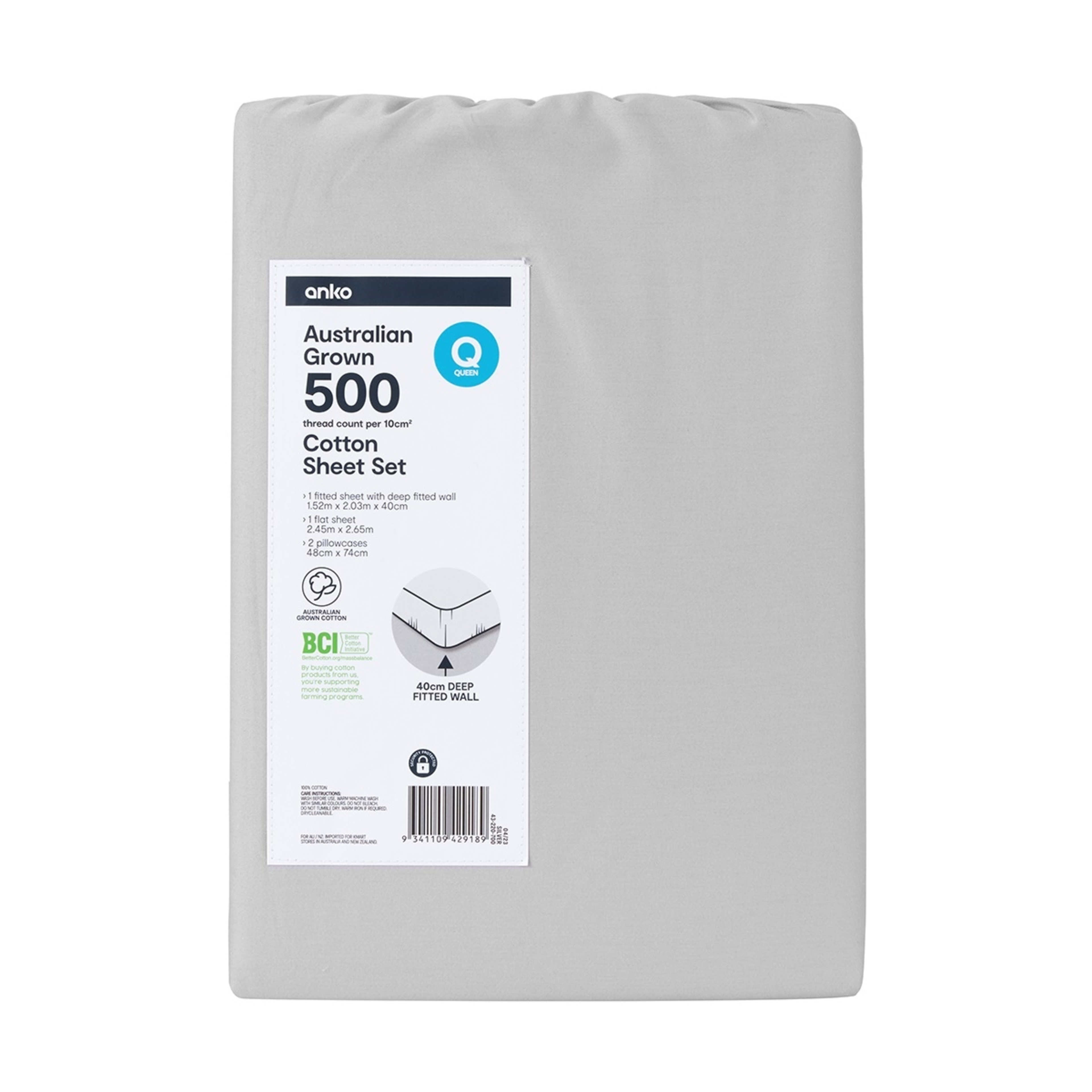 500 Thread Count Australian Grown Cotton Sheet Set - Queen Bed, Silver ...