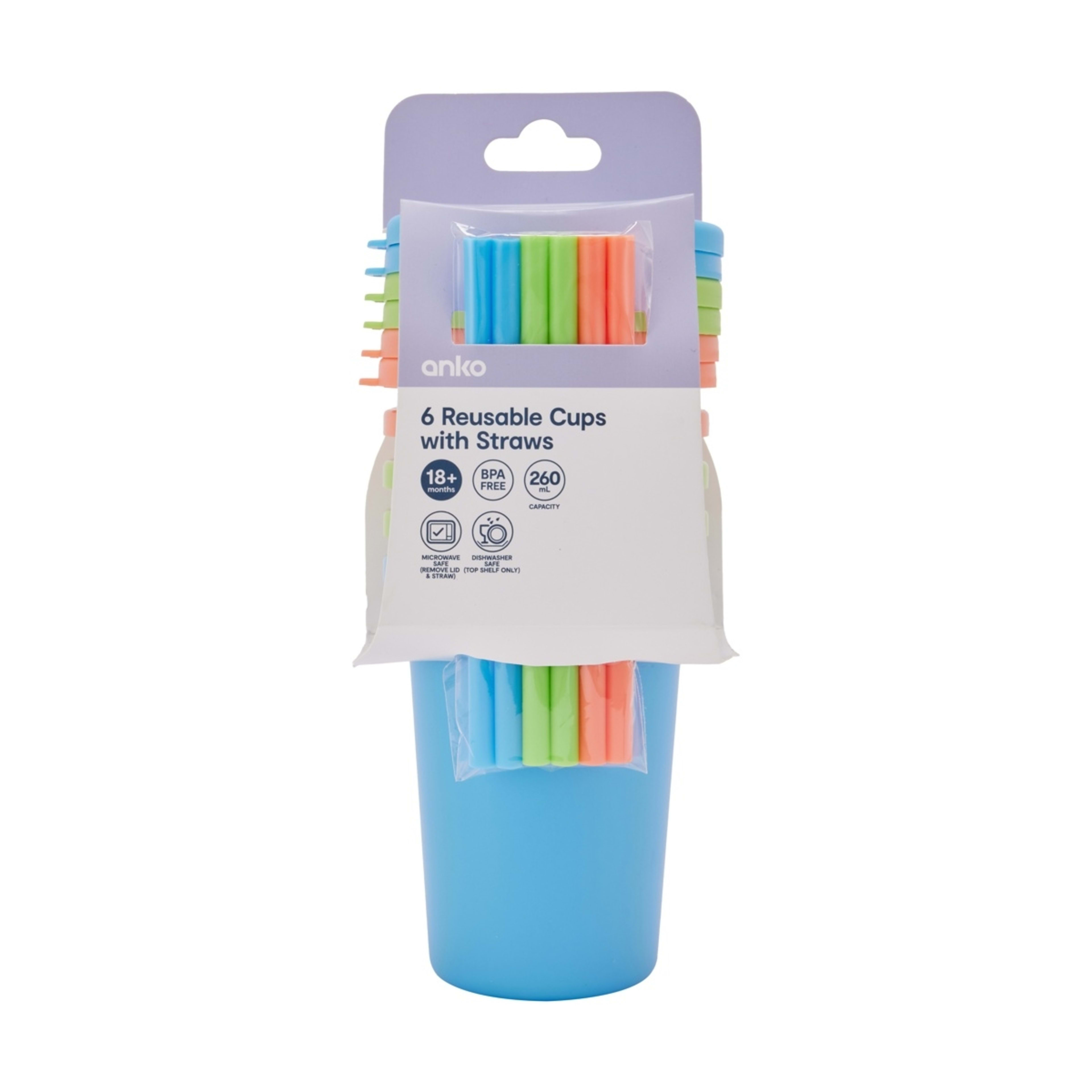 6 Pack Reusable Cups with Straws - Kmart