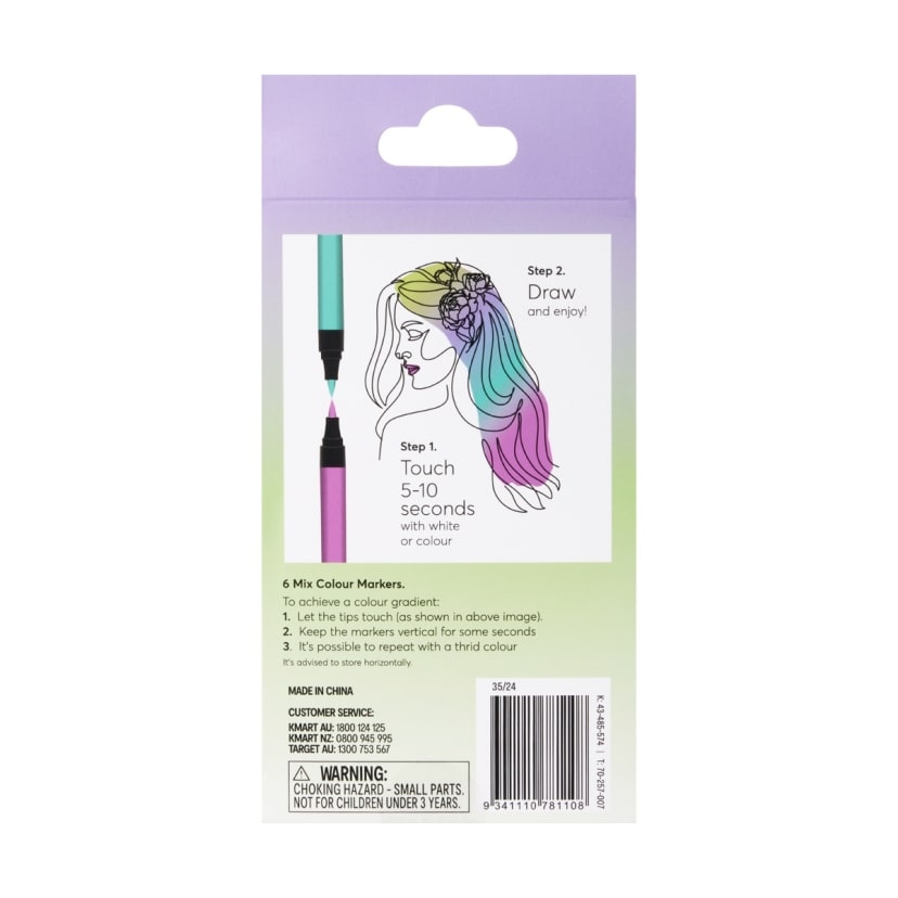 6 Pack Mix Colour Markers - Pastel - Kmart