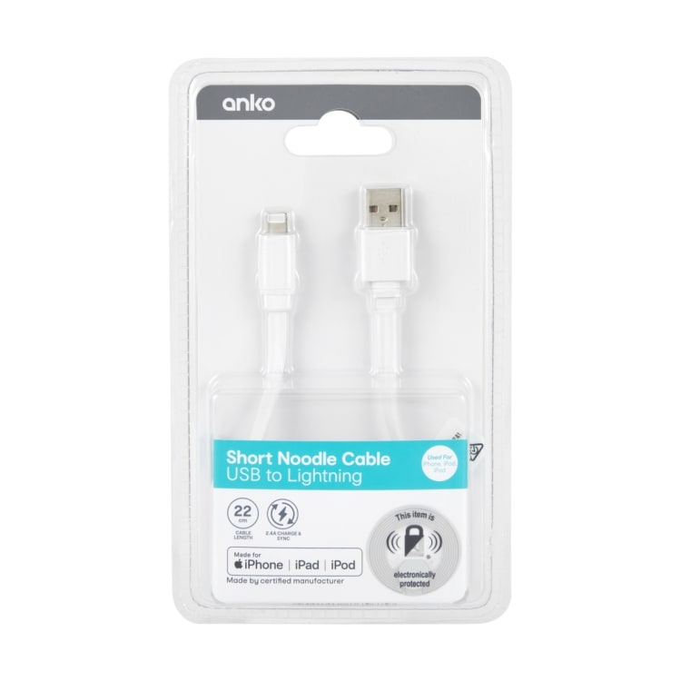 Short Noodle USB to Lightning Cable - 0.22m, White - Kmart