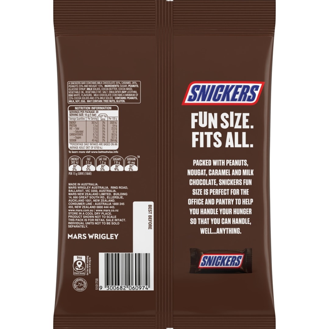 20 Piece Snickers Fun Size Snack and Share Bag 300g - Kmart