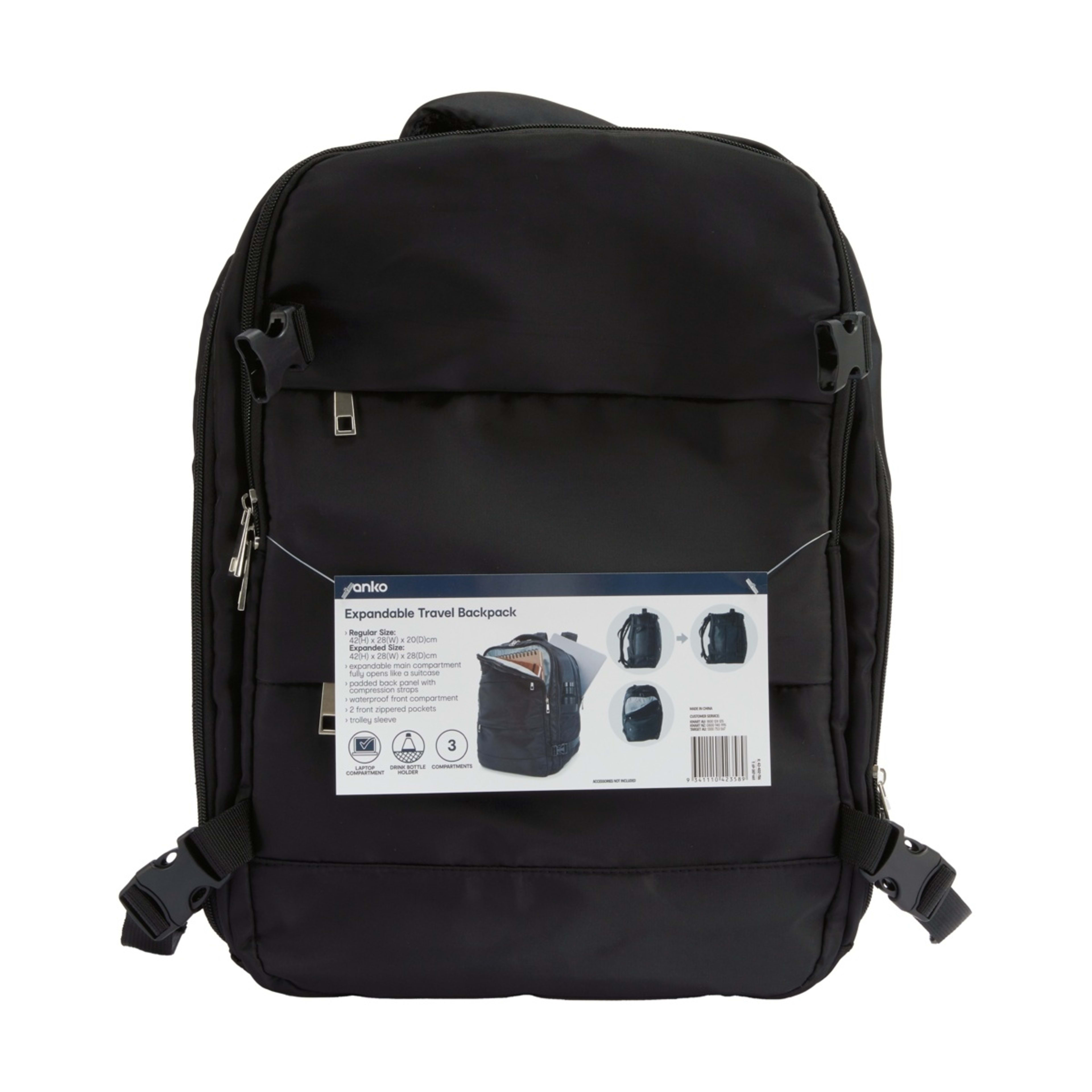 Expandable Travel Backpack - Black - Kmart NZ