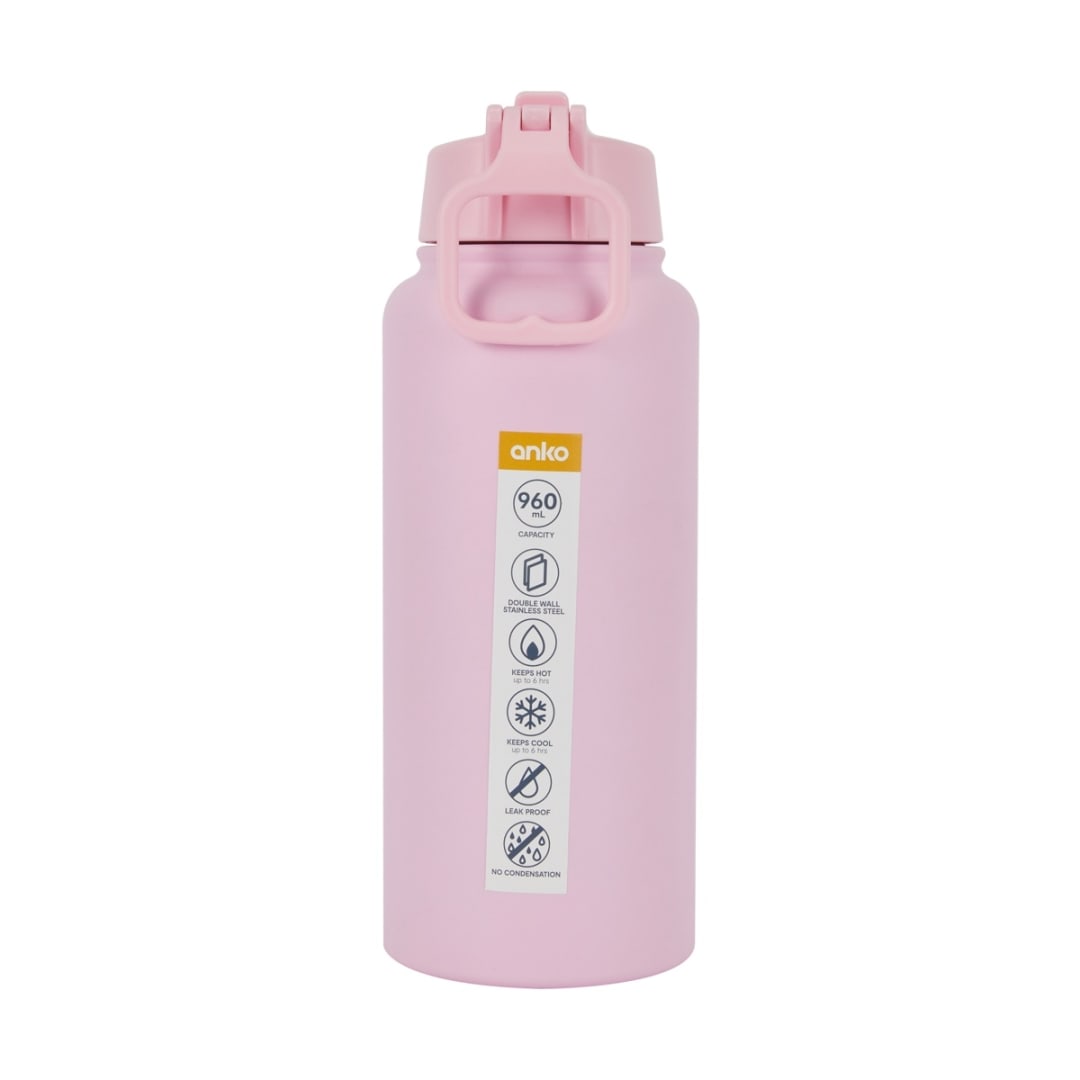 960ml Pink Double Wall Insulated Cylinder Drink Bottle - Kmart