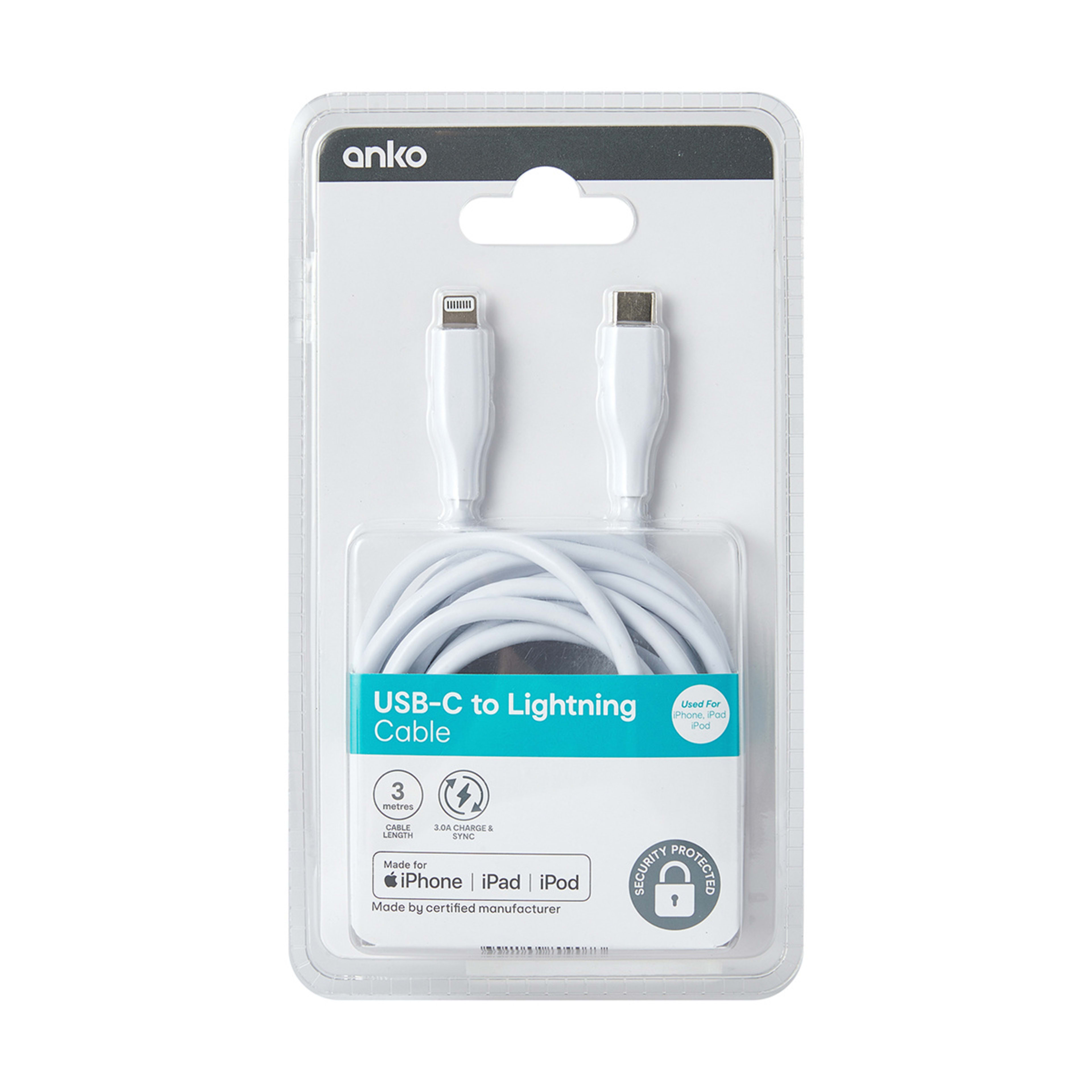 USBC Lightning Cable - 3m, White - Kmart