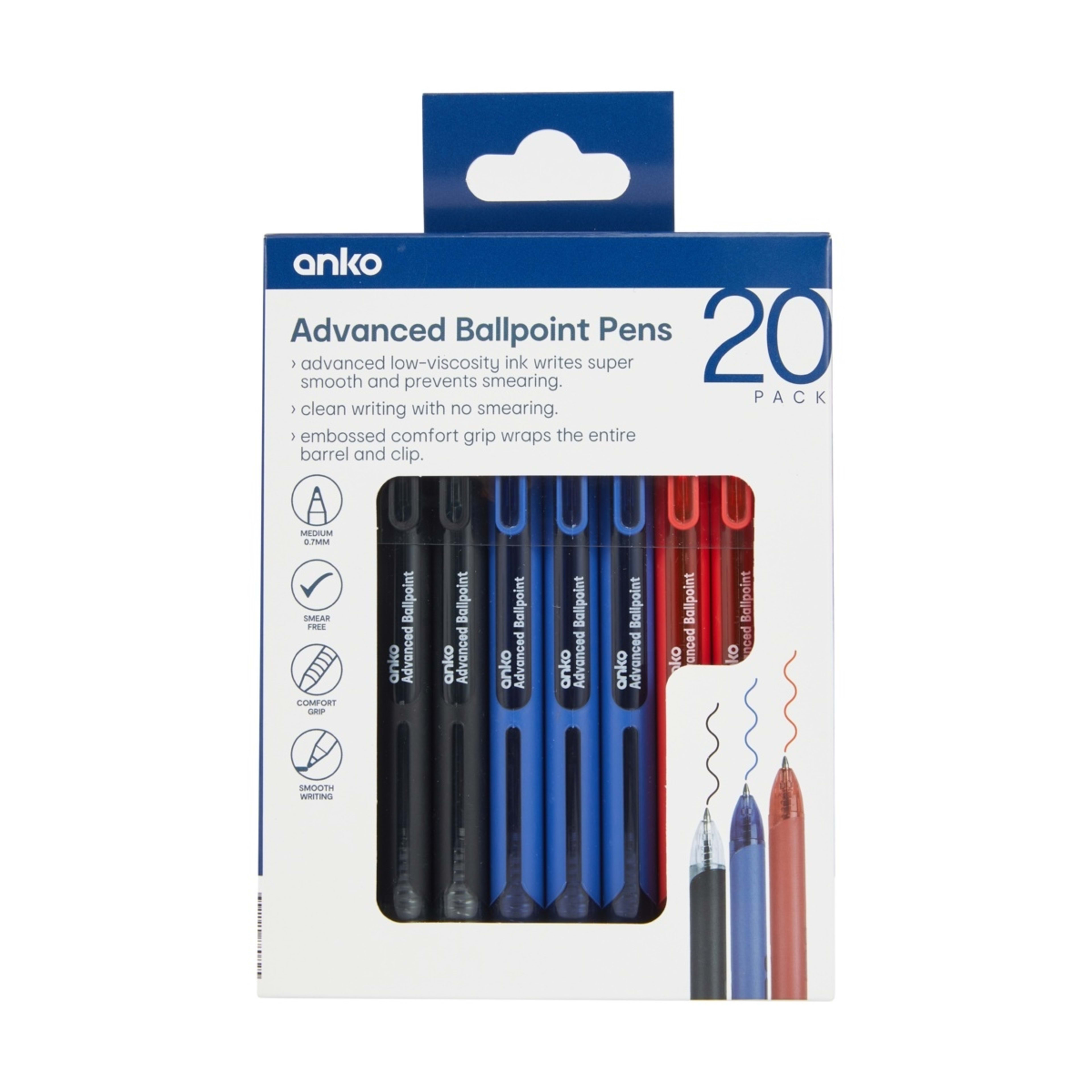 20 Pack Advanced Ballpoint Pens - Black, Blue and Red - Kmart