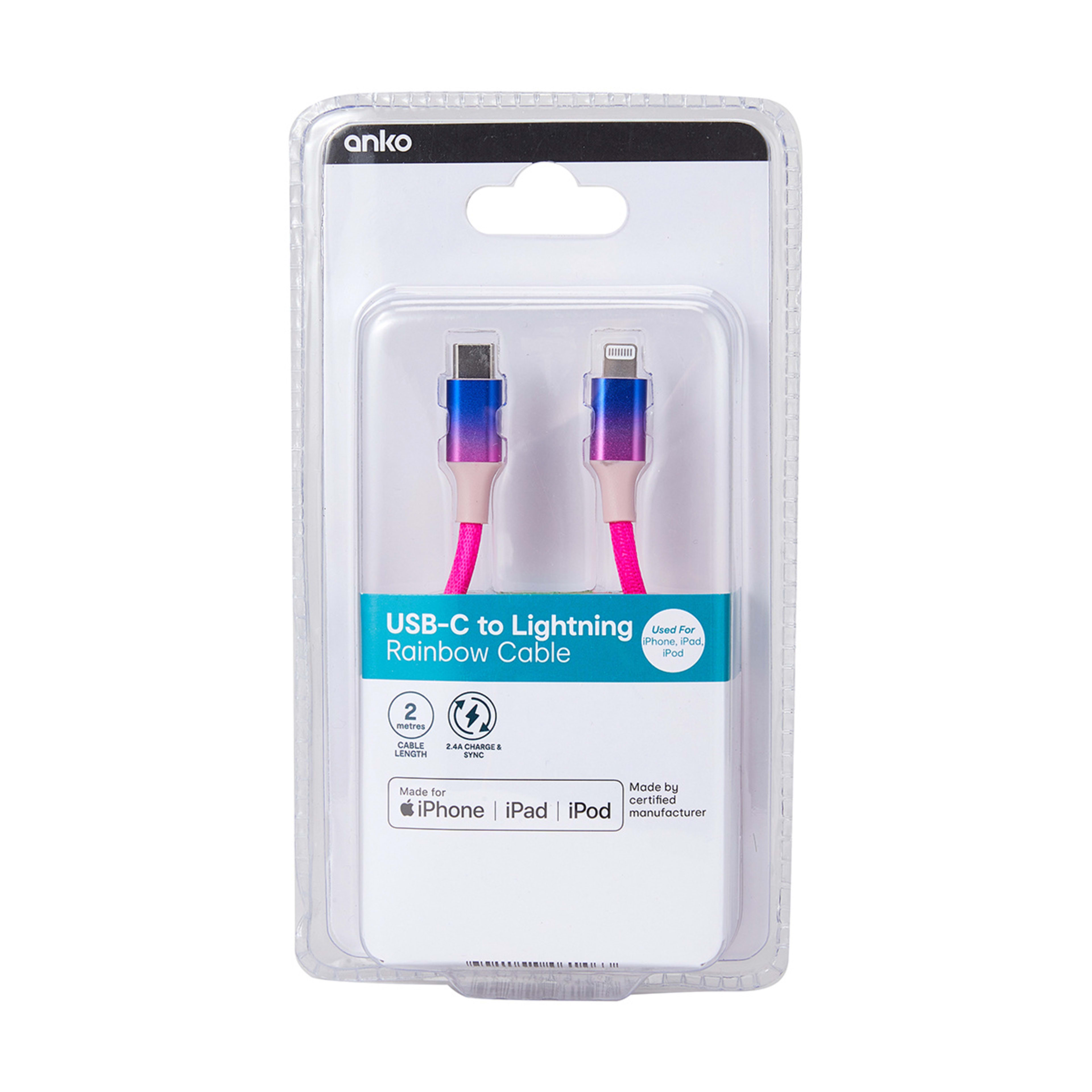 USB-C to Lightning Rainbow Cable - 2m - Kmart